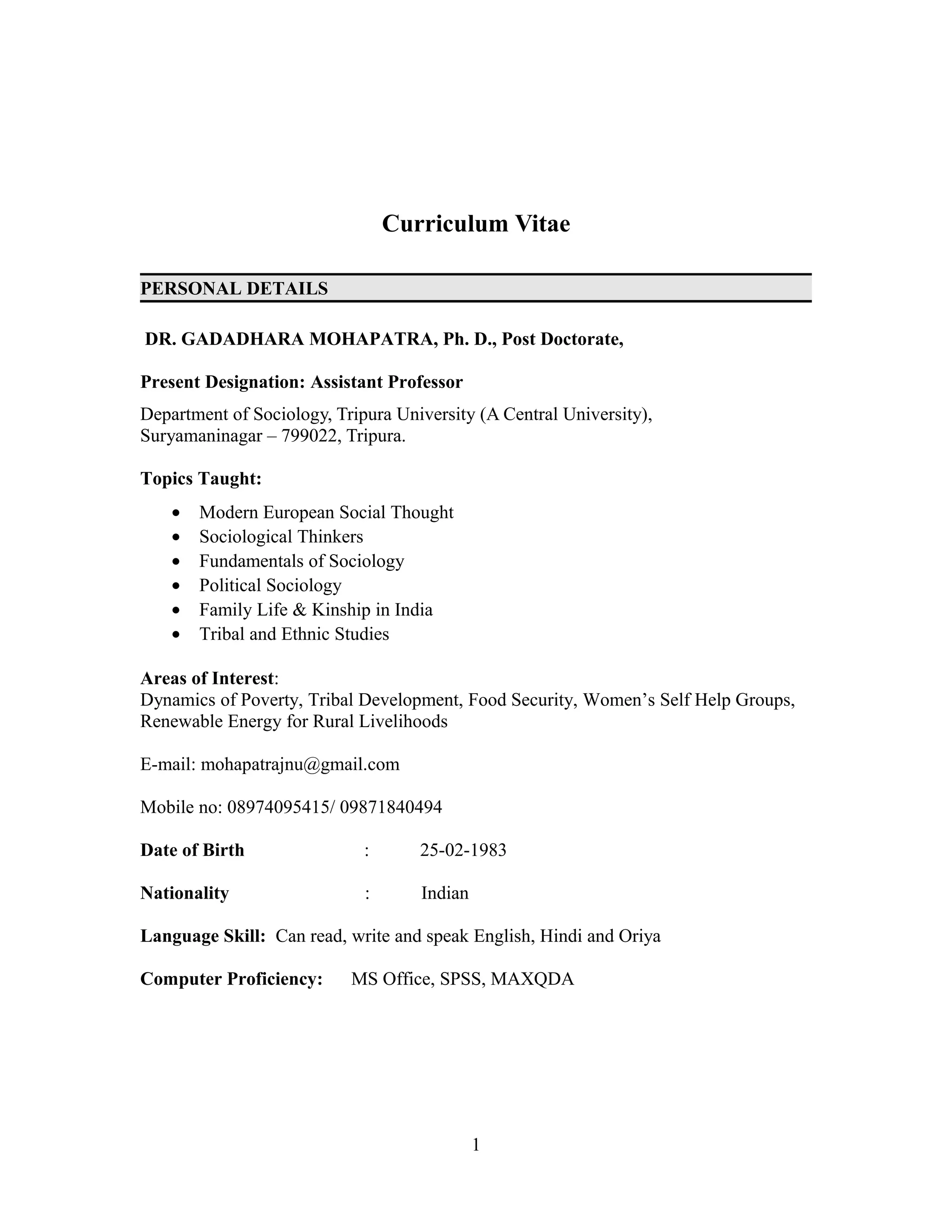 CV_Gadadhara Mohapatra, Ph.D., Post Doctorate, | DOC