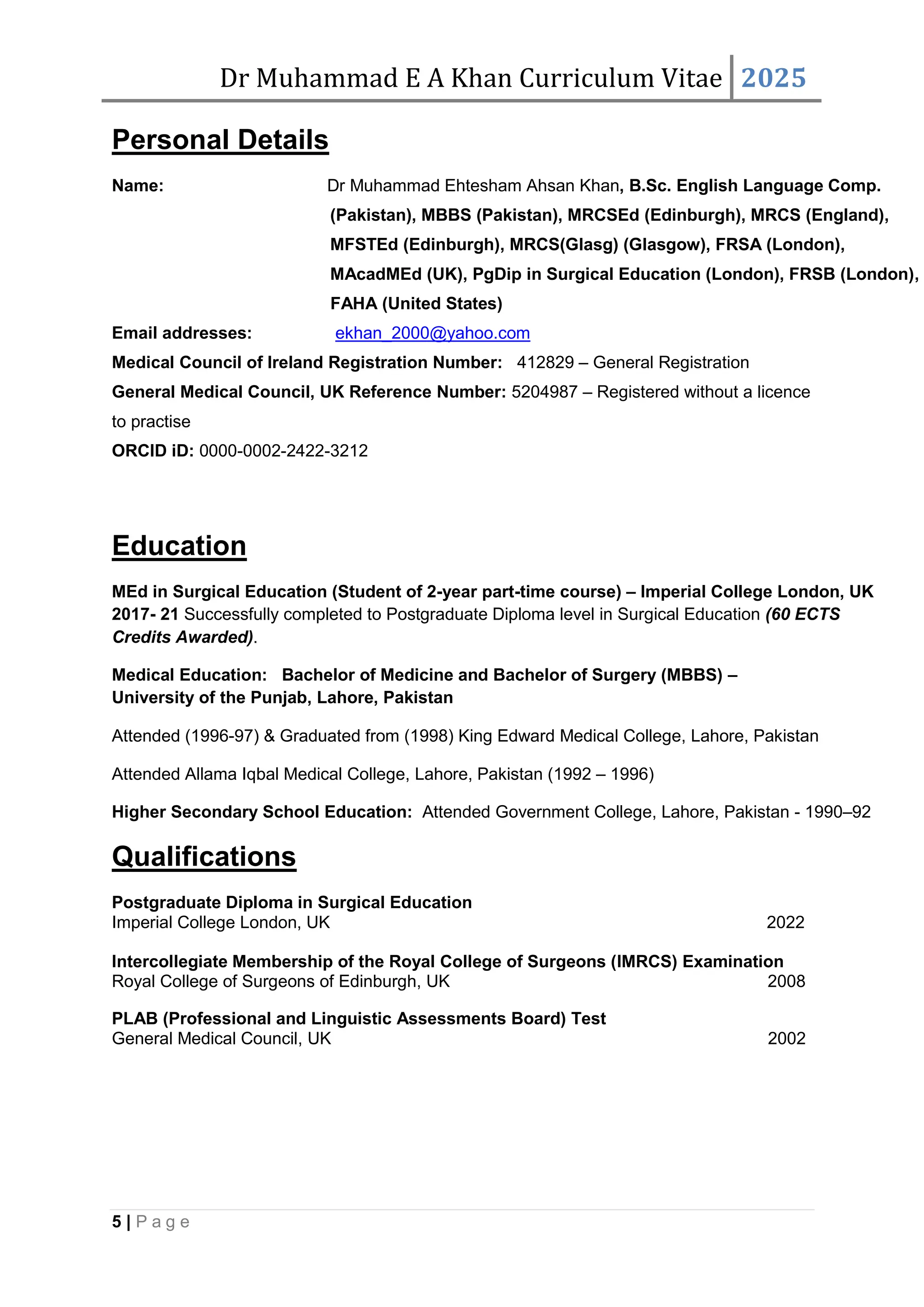 Curriculum Vitae - Dr Muhammad E A Khan | PDF