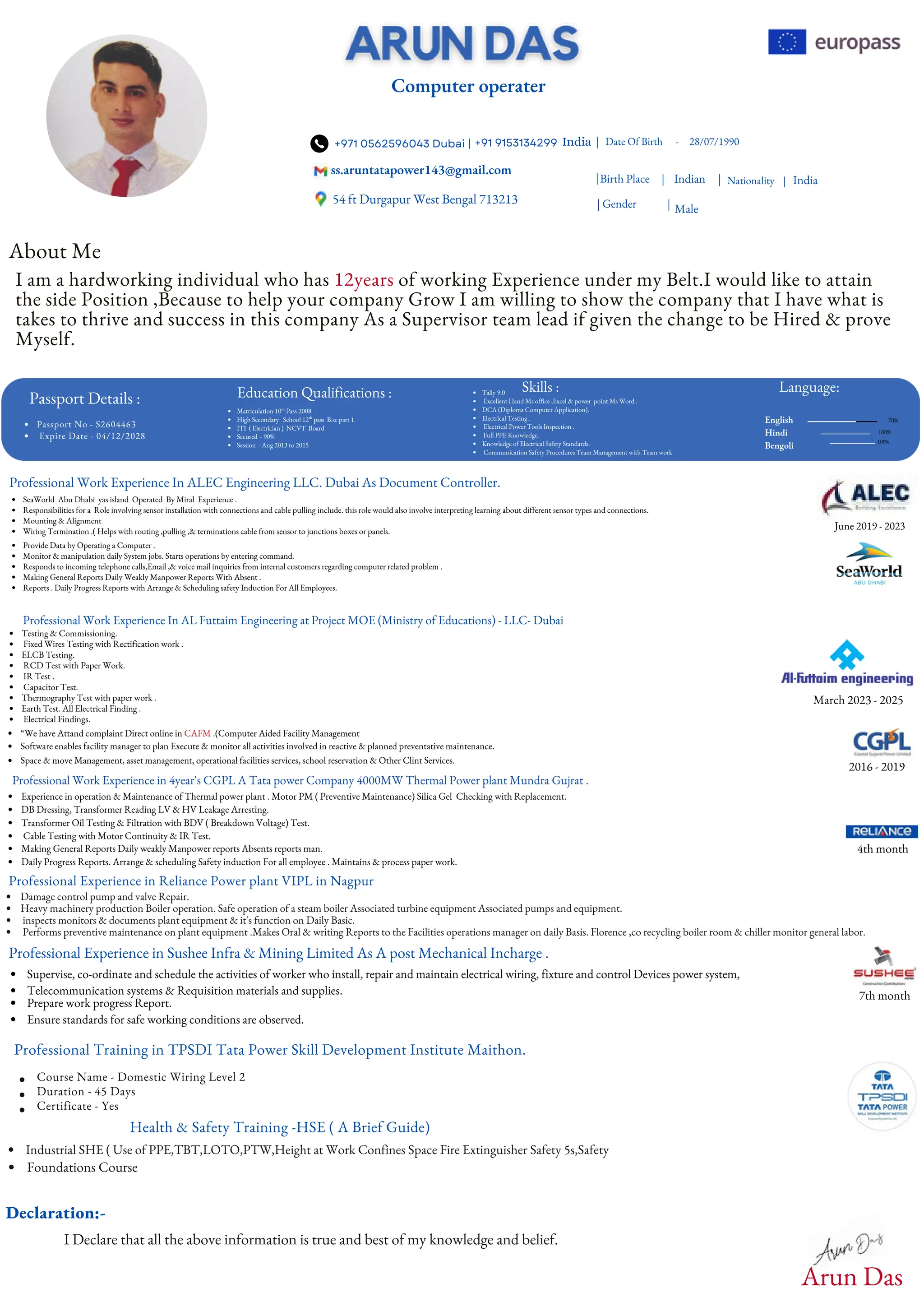 Electrical Engineer operation Supervisor | PDF