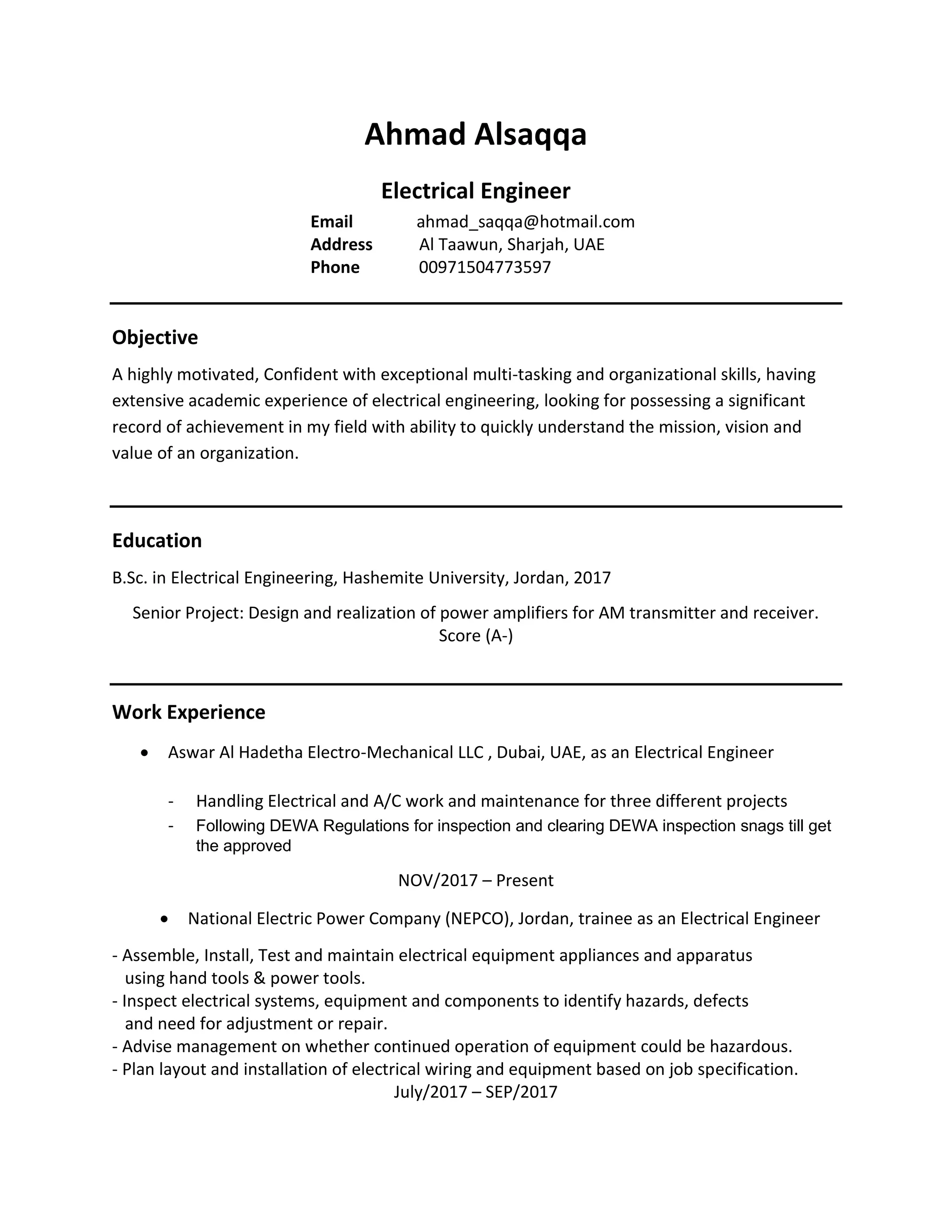 Cv, electrical engineer, ahmad saqqa | PDF