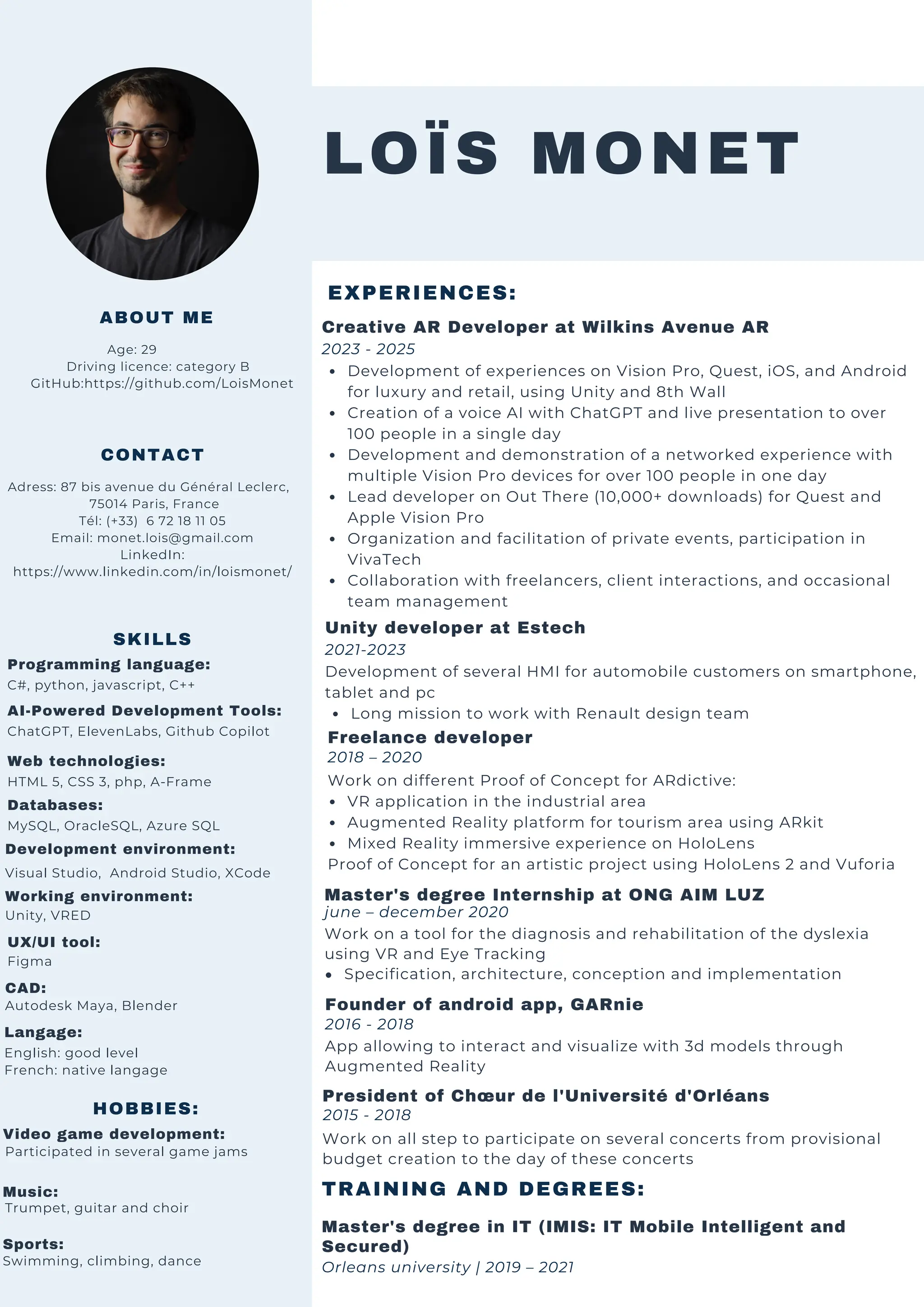 Loïs MONET's CV, 2025, with over 5 years of experience in Unity and C# | PDF