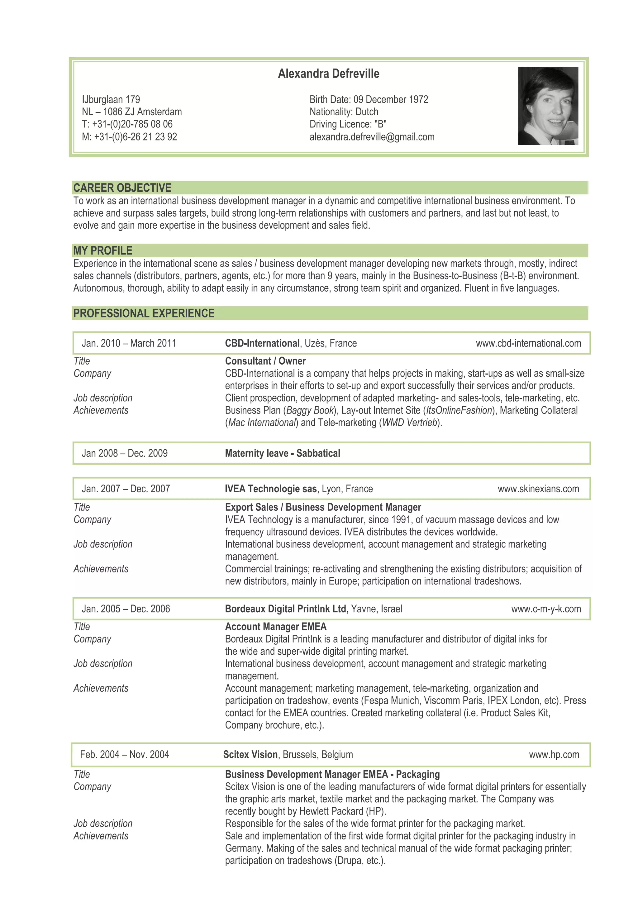 Curriculum Vitae - Alexandra Defreville | PDF | Business Administration ...