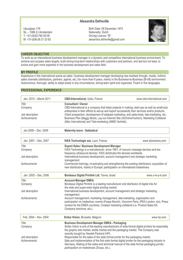 Curriculum Vitae - Alexandra Defreville | PDF | Business Administration ...