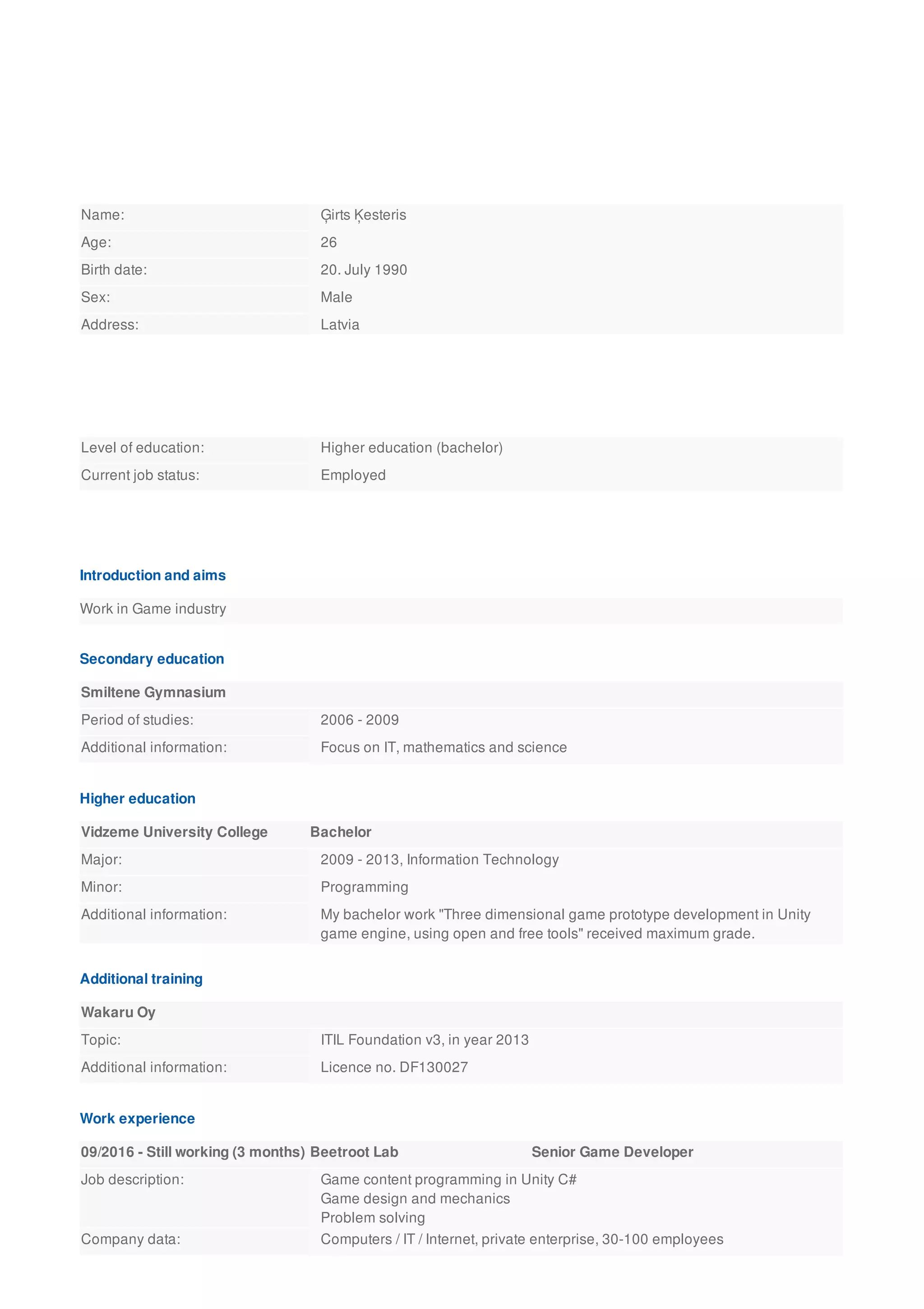 Girts Kesteris Unity Developer Cv ENG | PDF