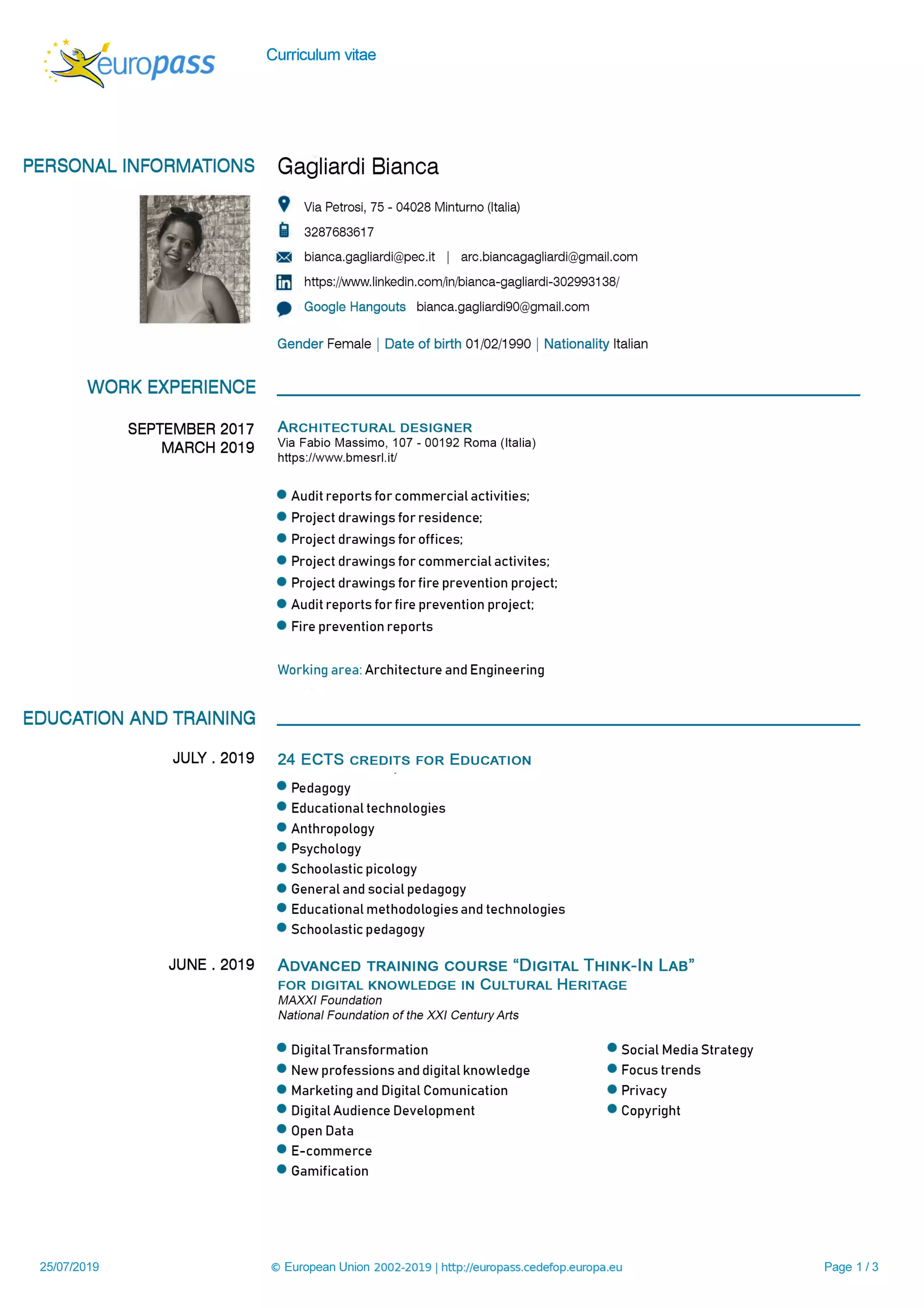 Cv europass gagliardi bianca_eng | PDF