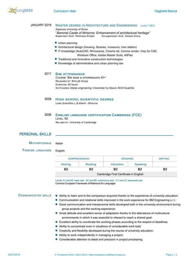 Cv europass gagliardi bianca_eng | PDF