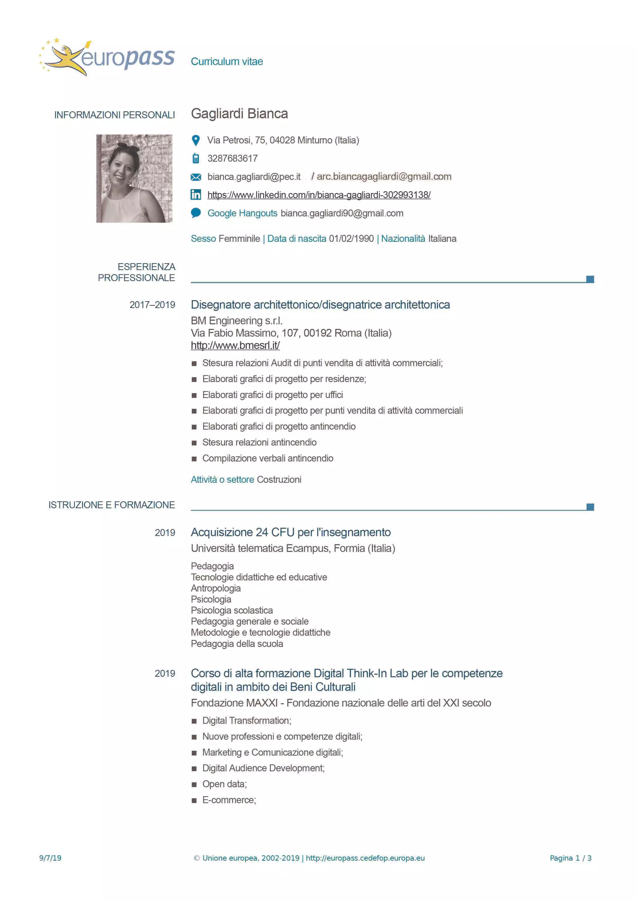 Cv europass gagliardi bianca_ita | PDF