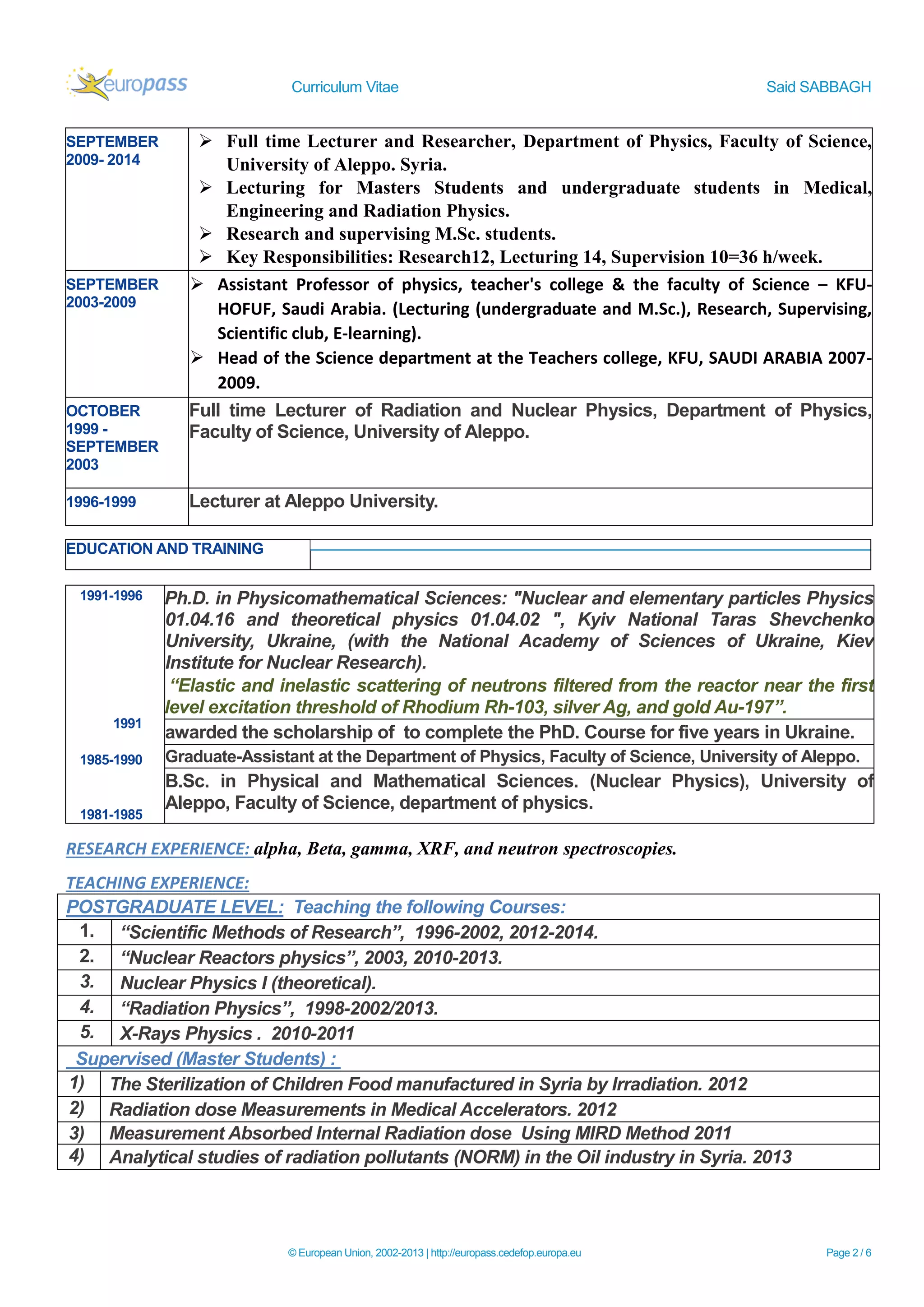 Cv europass said sabbagh 8 2016 | PDF