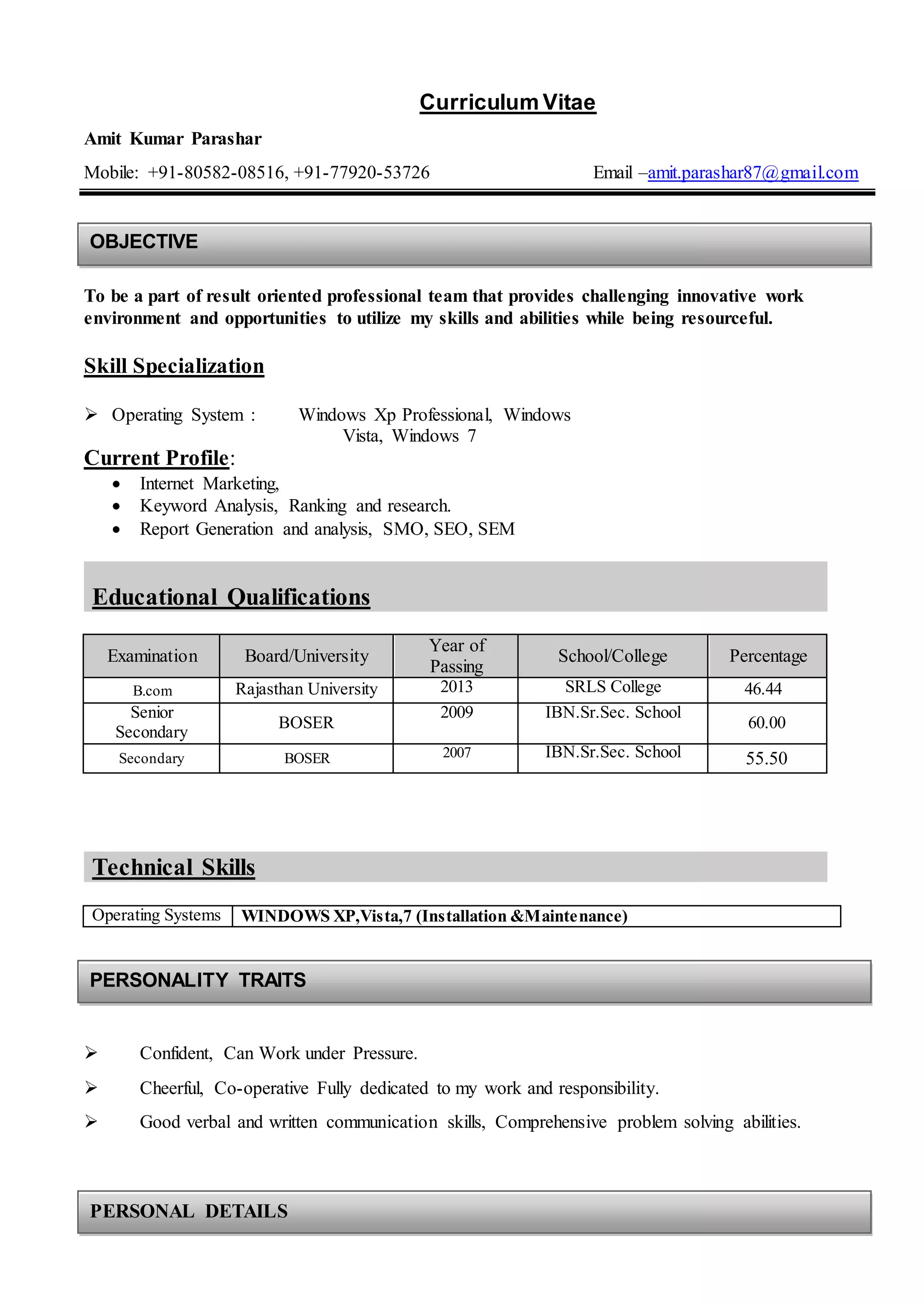 Cv for amit parashar | PDF