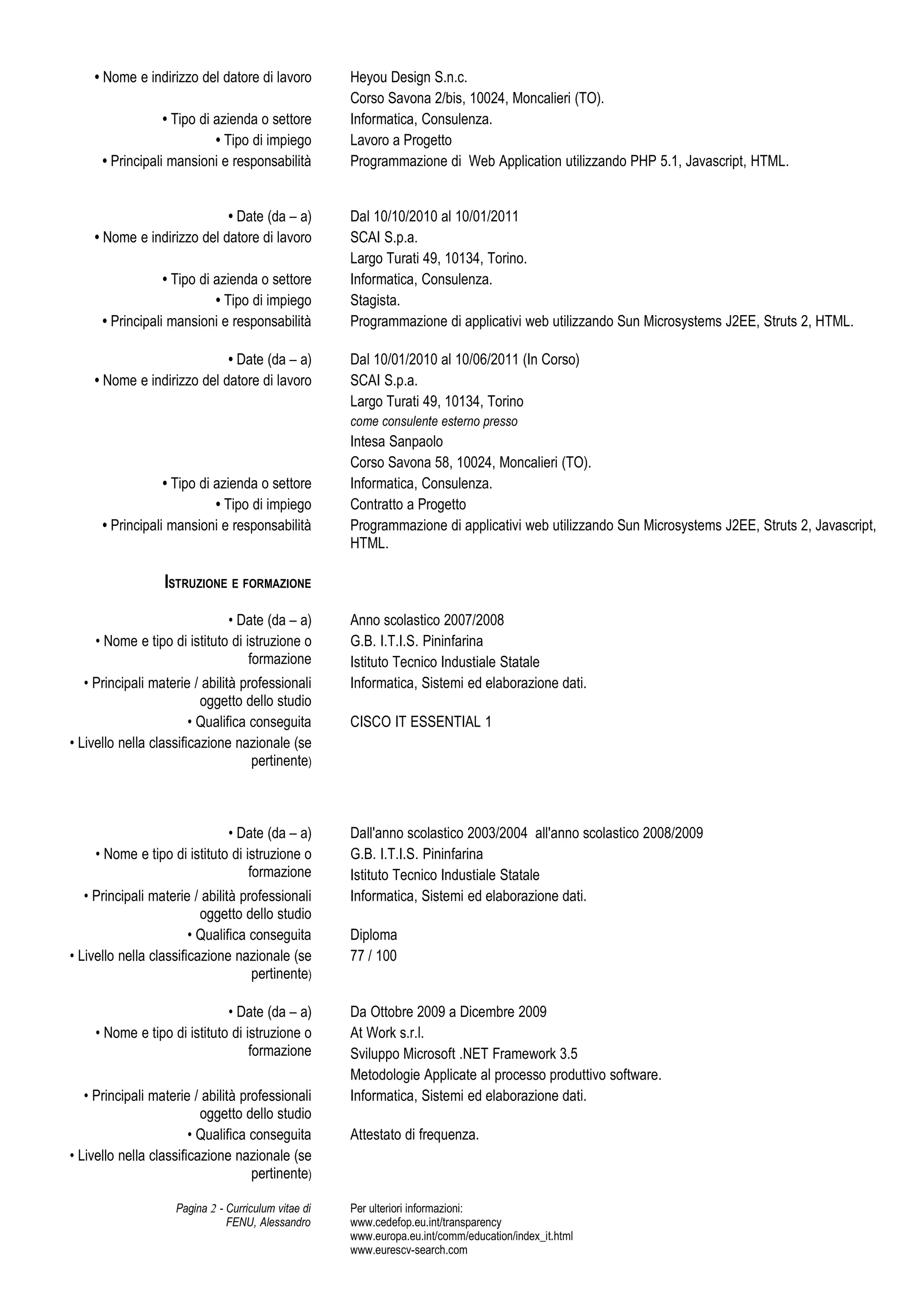 Curriculum Vitae Europeo di Alessandro Fenu | DOC