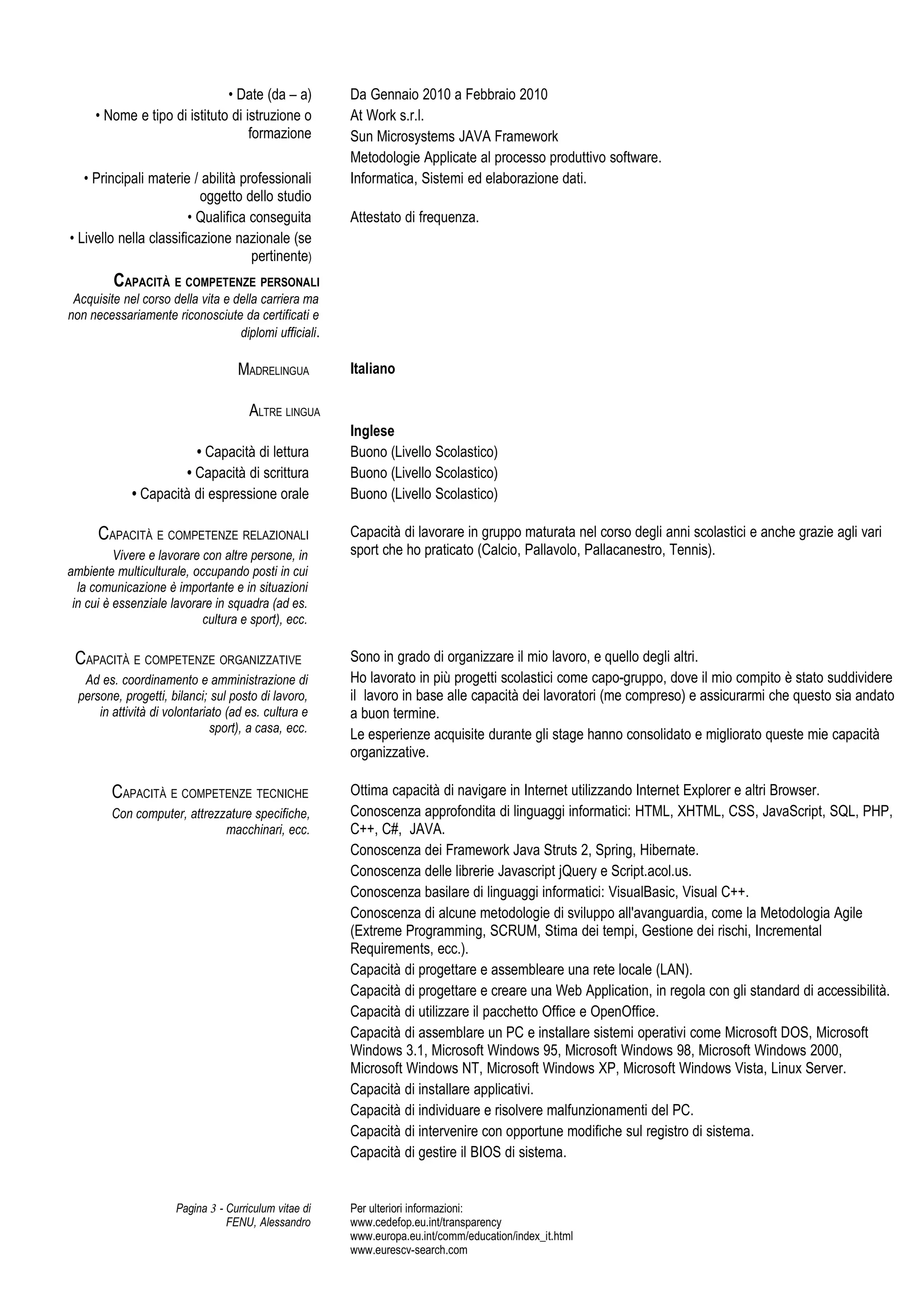 Curriculum Vitae Europeo di Alessandro Fenu | DOC
