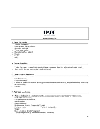 Curriculum vitae con el formato pedido por la UADE | DOCX