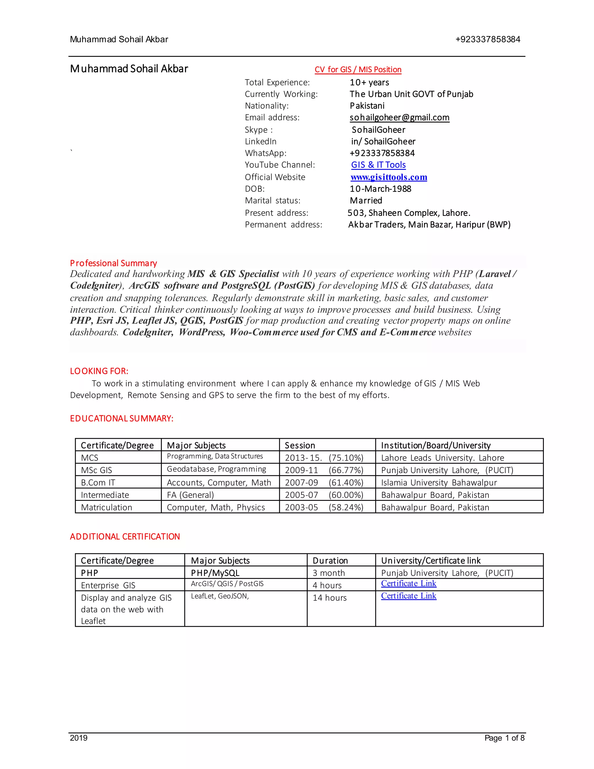 Cv for mis and gis position | DOCX