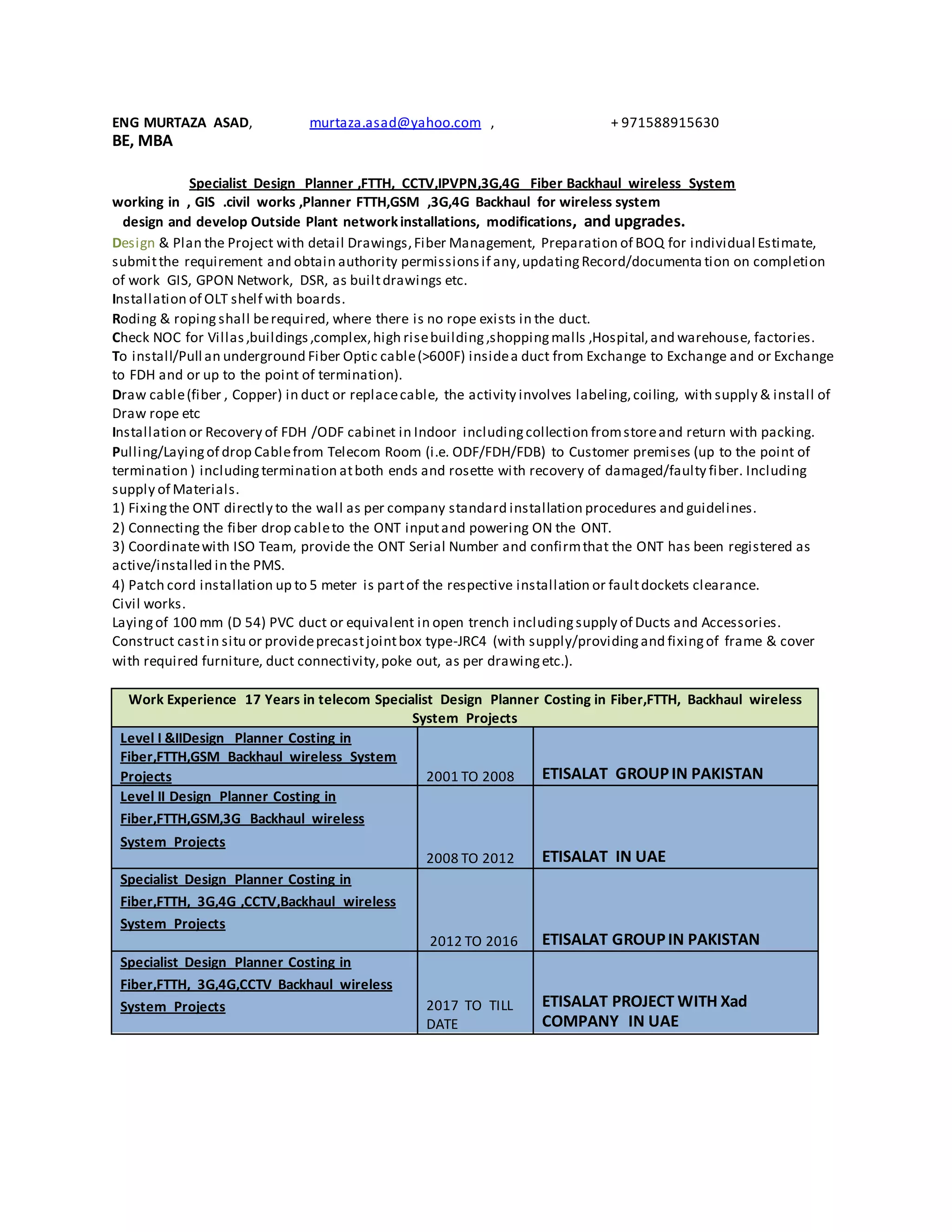 Cv for specialist design planner costing in fiber,ftth, backhaul ...
