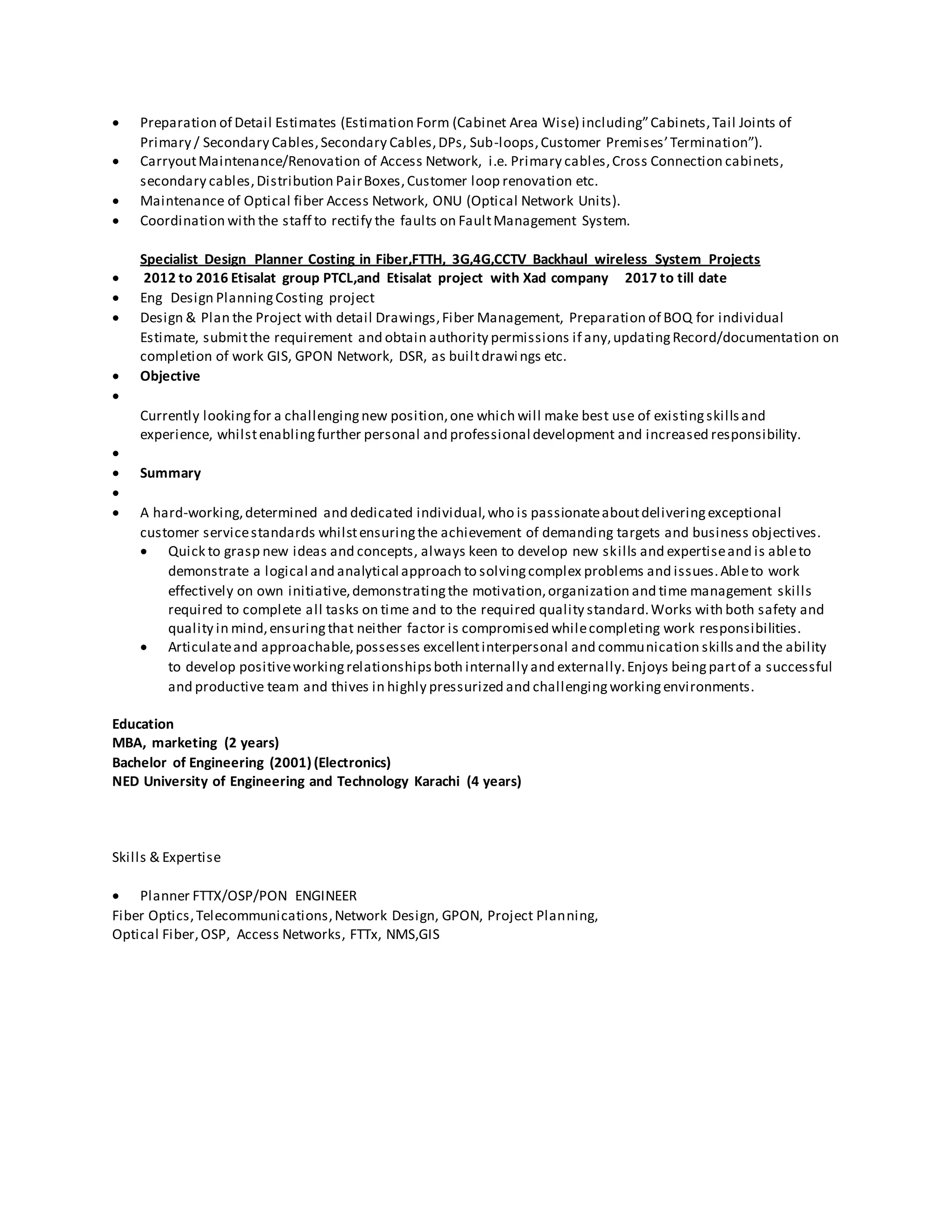 Cv for specialist design planner costing in fiber,ftth, backhaul ...