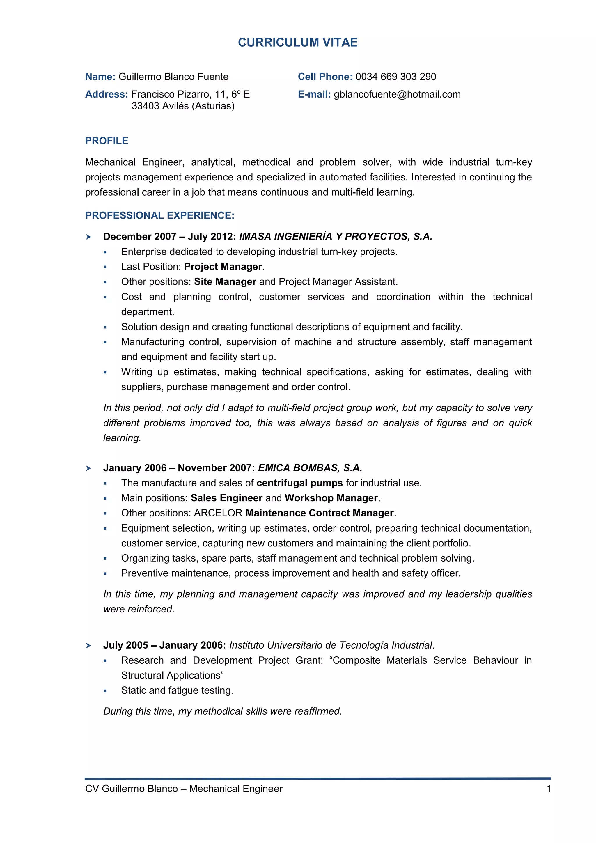 Cv Guillermo Blanco (English) | PDF