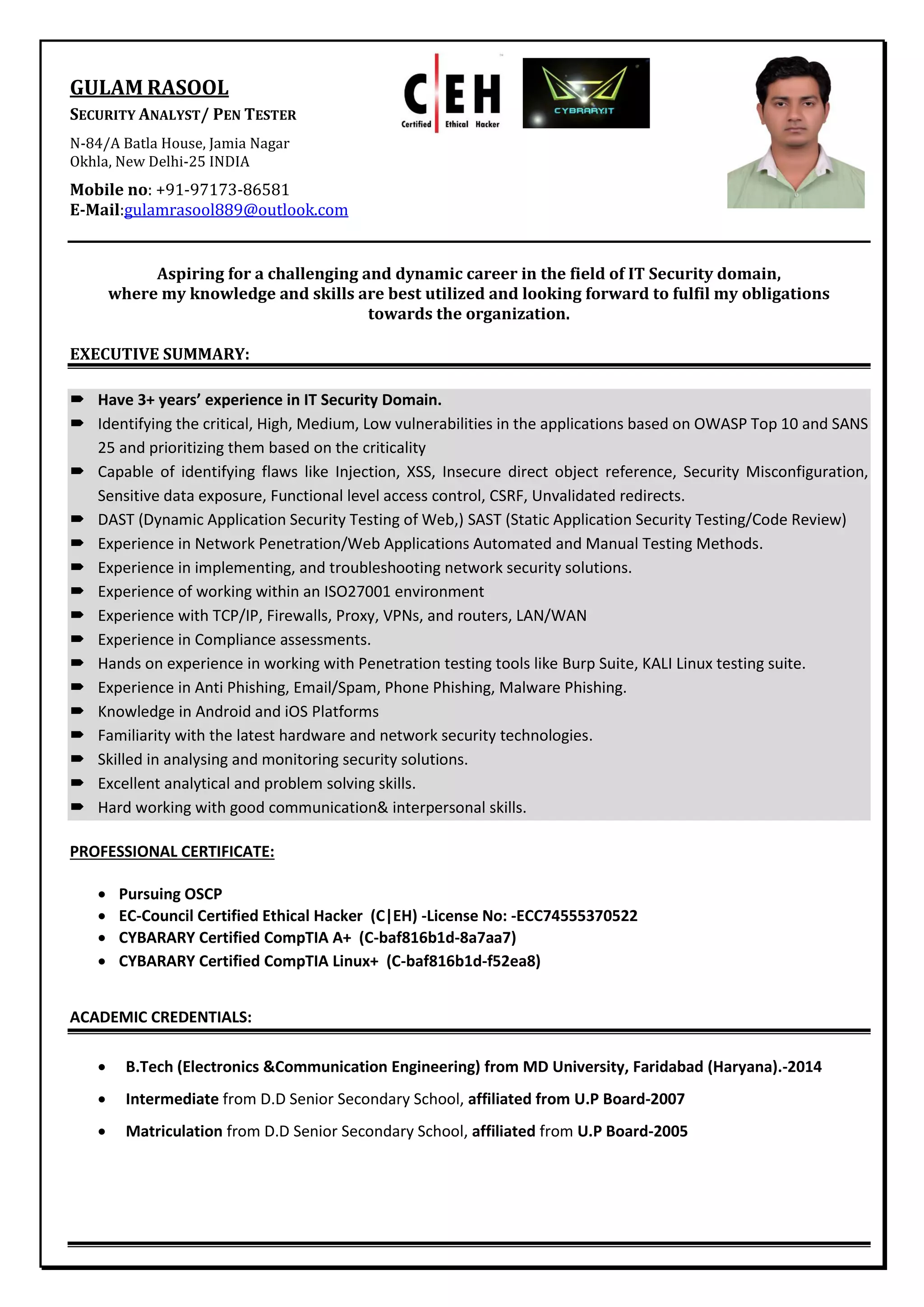 Cv gulam rasool | PDF