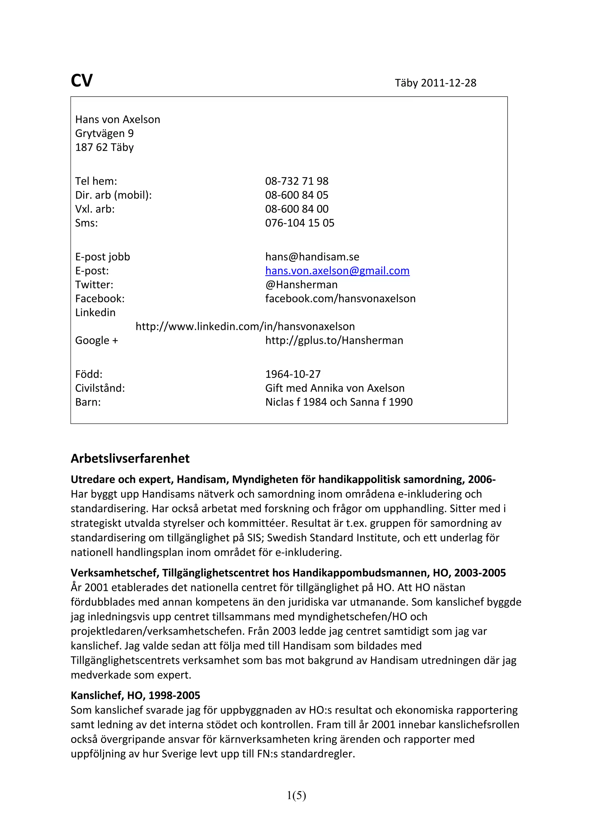 Cv hans von axelson 11 12-28 | PDF
