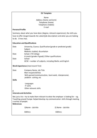 Cv help sheet | DOCX | Resume Writing and Advice | Job Search