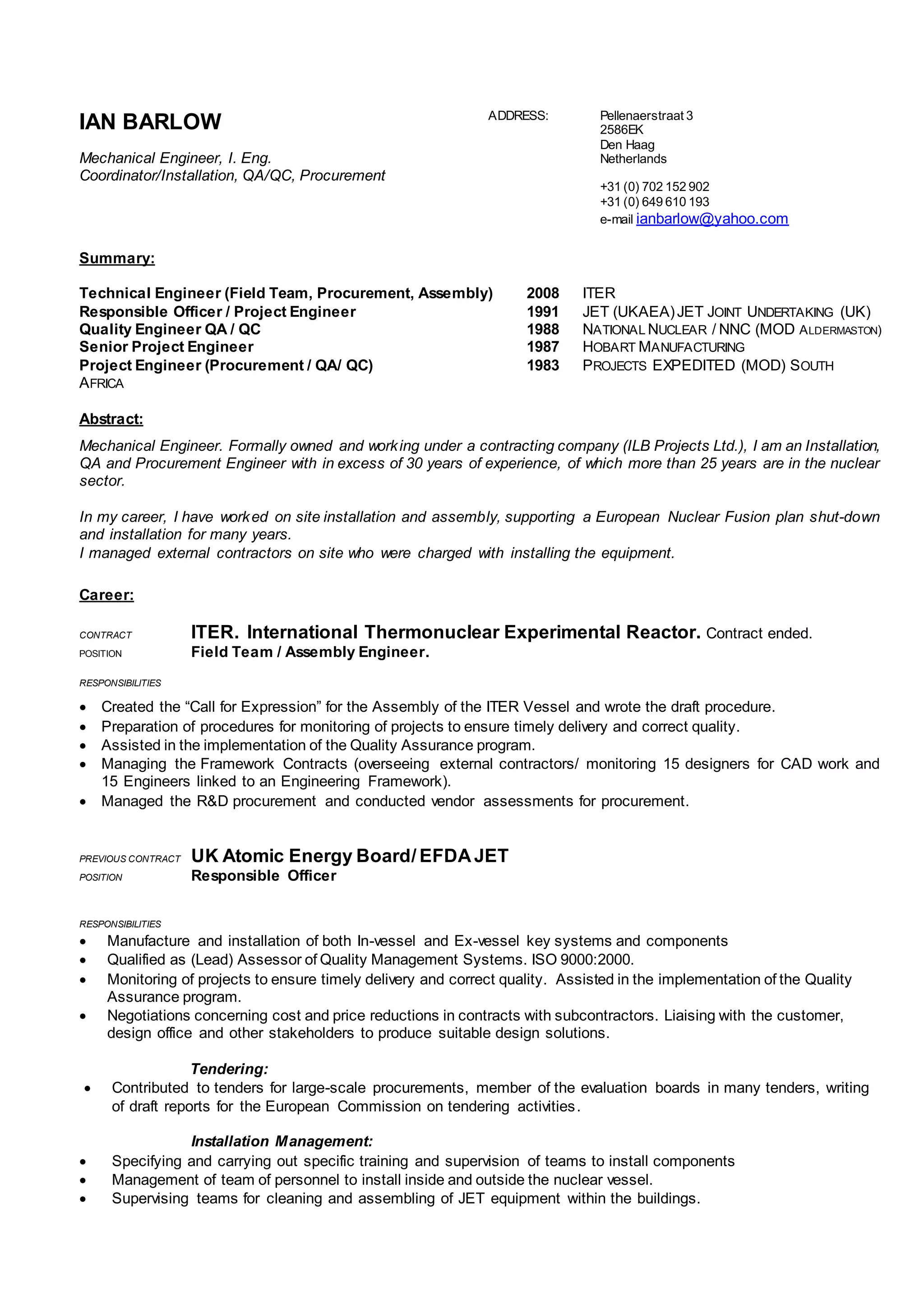 Cv ian barlow 2016 summary | PDF