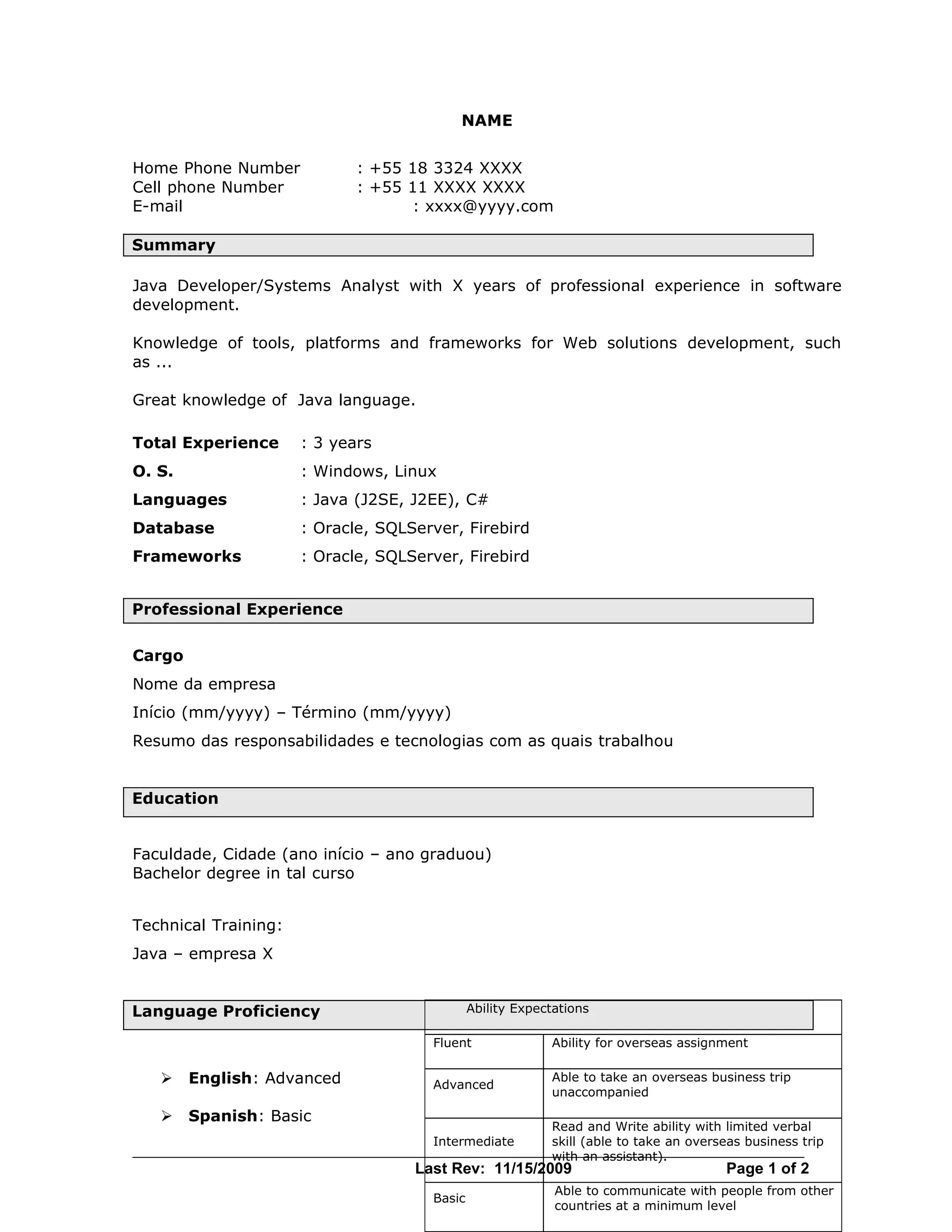 Cv Inglês Empresas - Java Developer | PDF