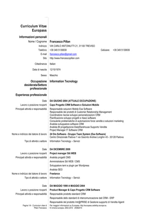 Curriculum Vitae Francesco Pillan Project Manager Mobile Analyst | PDF