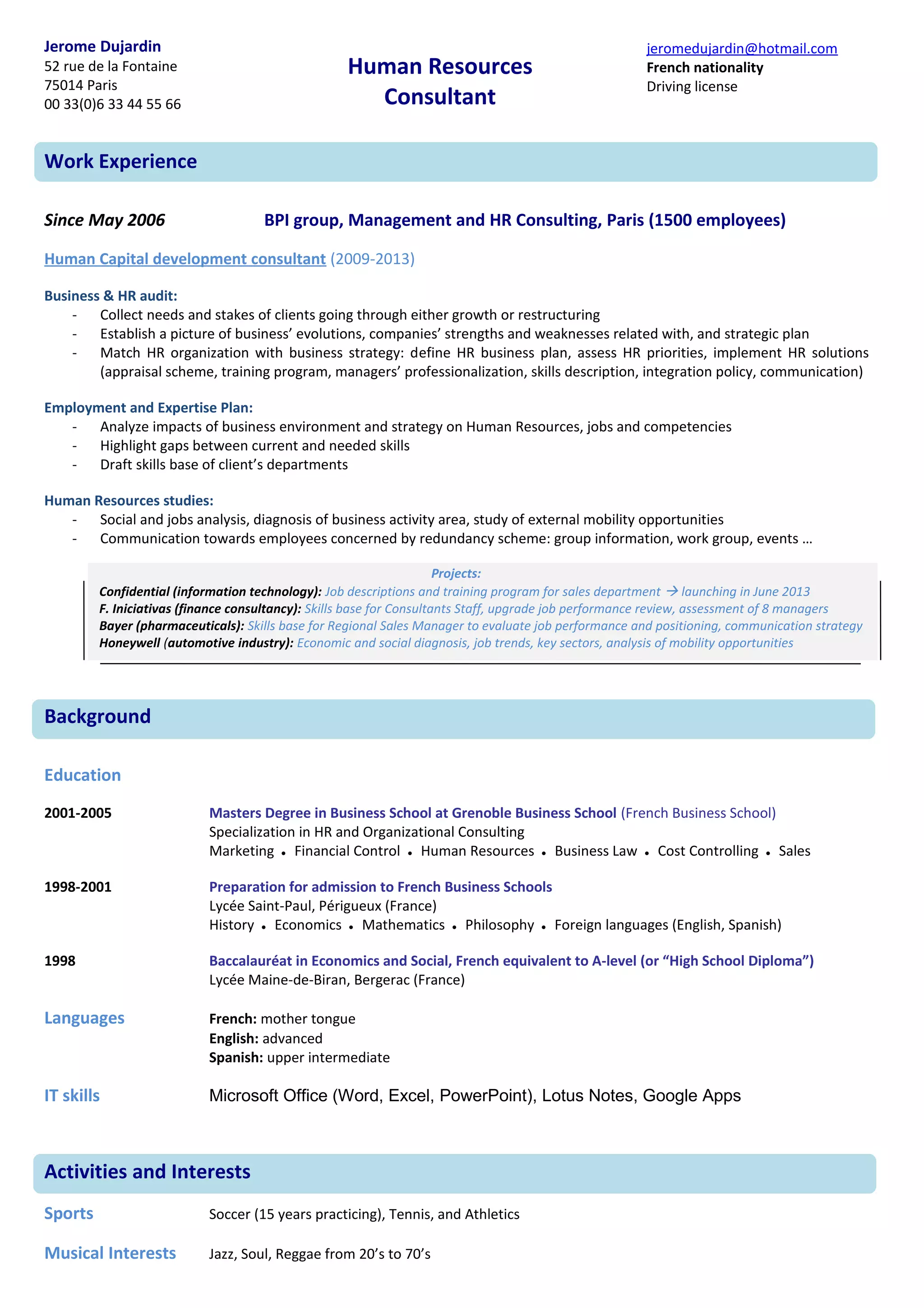 Cv jerome dujardin english | DOC | Human Resources | Business