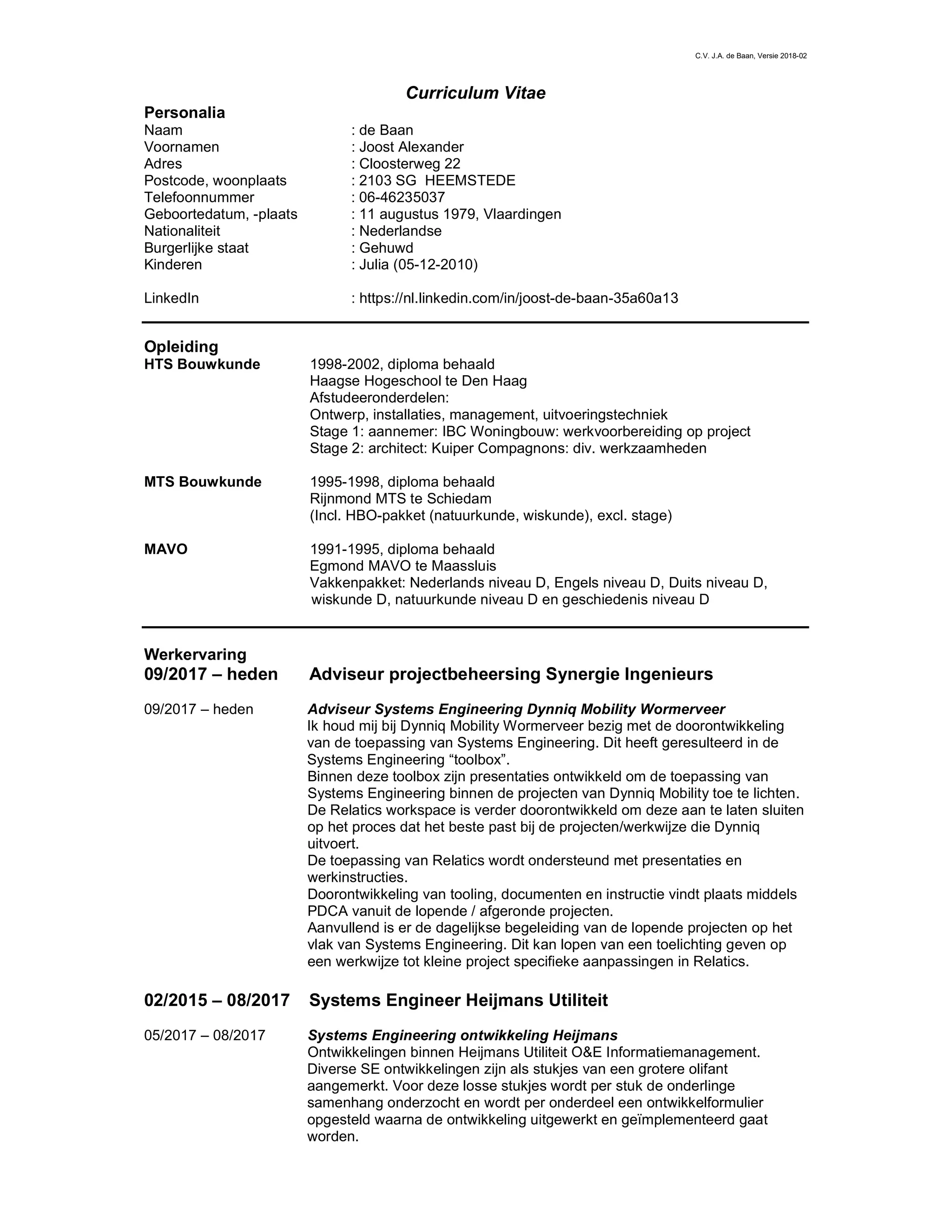 Cv joost de baan versie 2018 02 | PDF