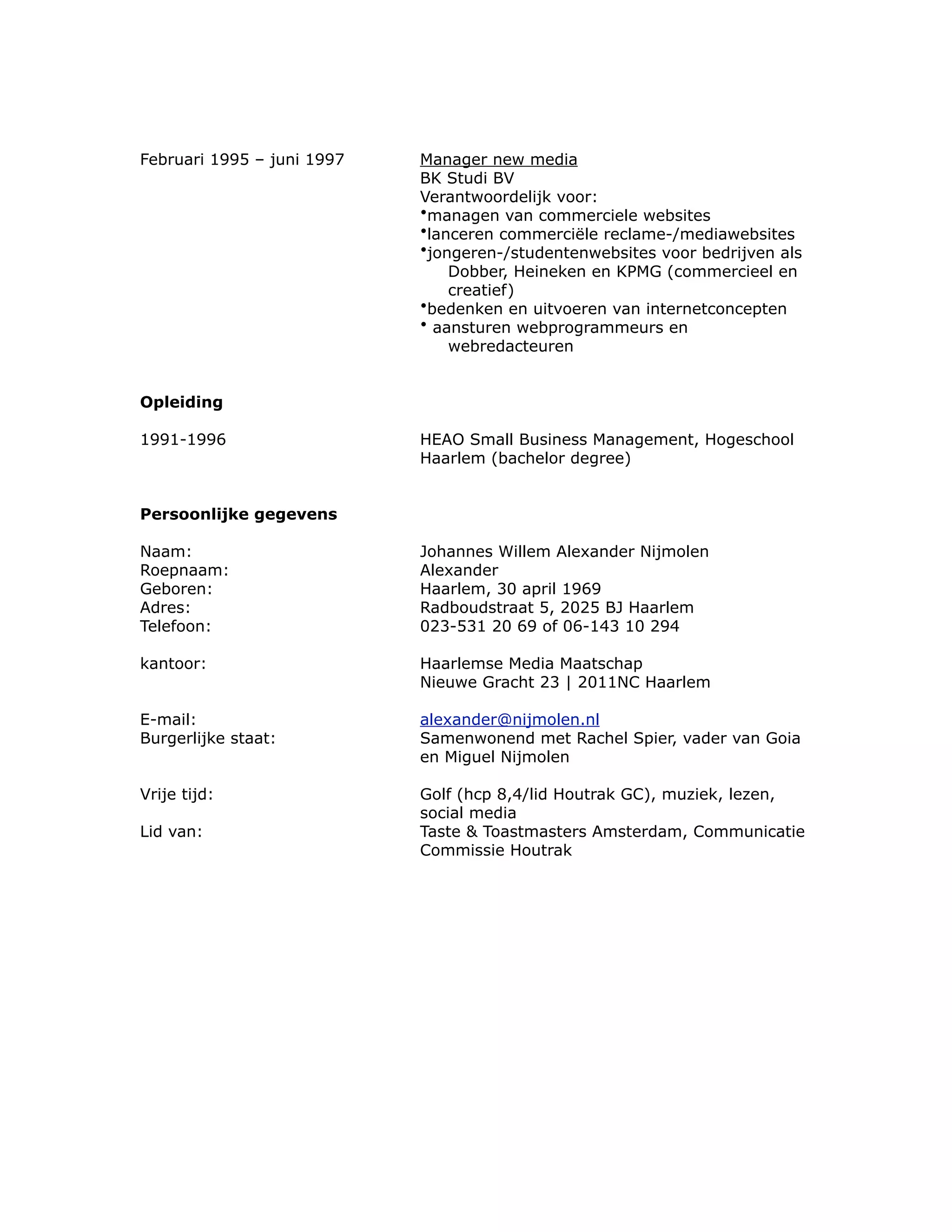 CV Alexander Nijmolen | PDF | Business | Business and Finance