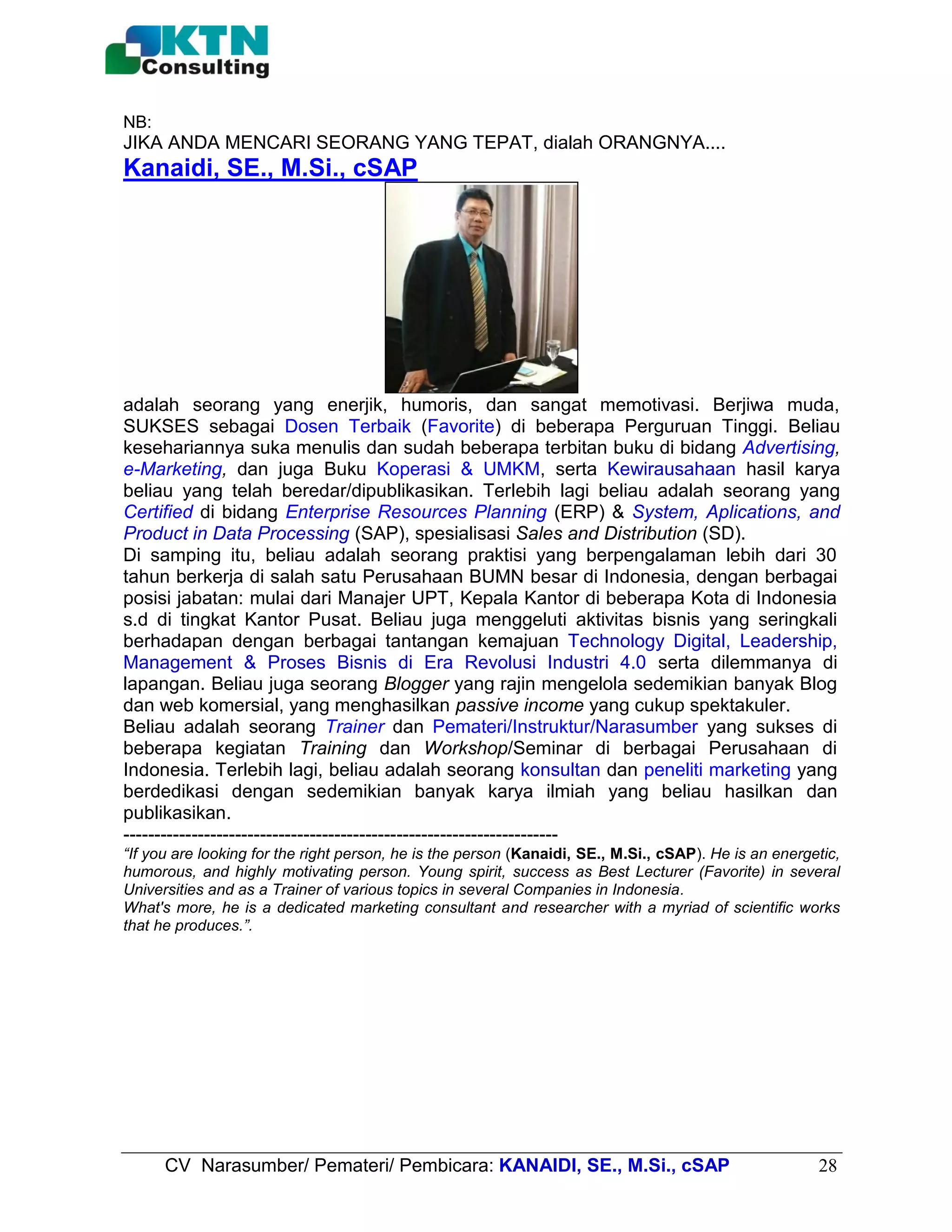 CV KANAIDI, SE., M.Si., cSAP : Narasumber/ Pemateri / Pembicara | PDF