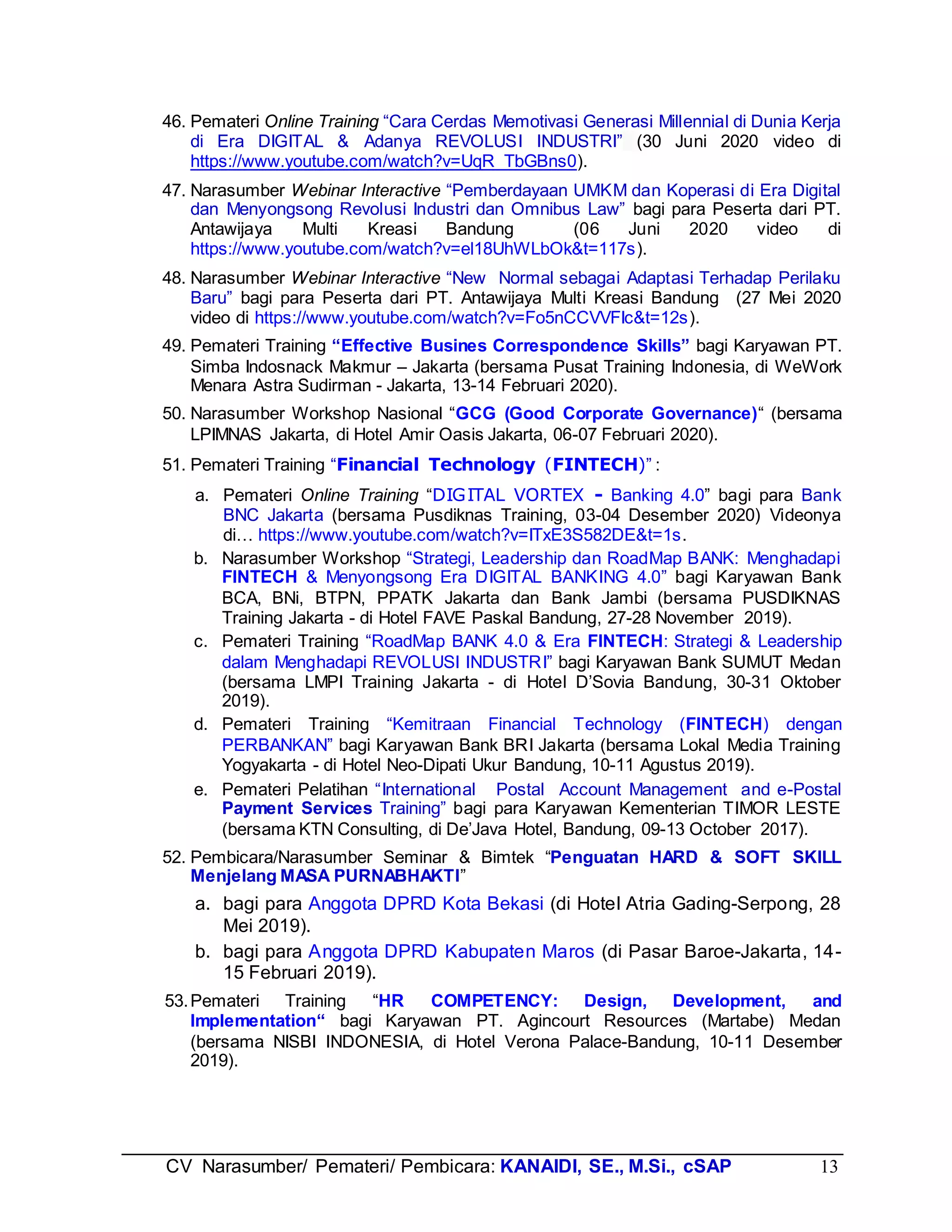 CV Narasumber/Pemateri Training/Seminar (a.n. Kanaidi, SE., M.Si., cSAP ...
