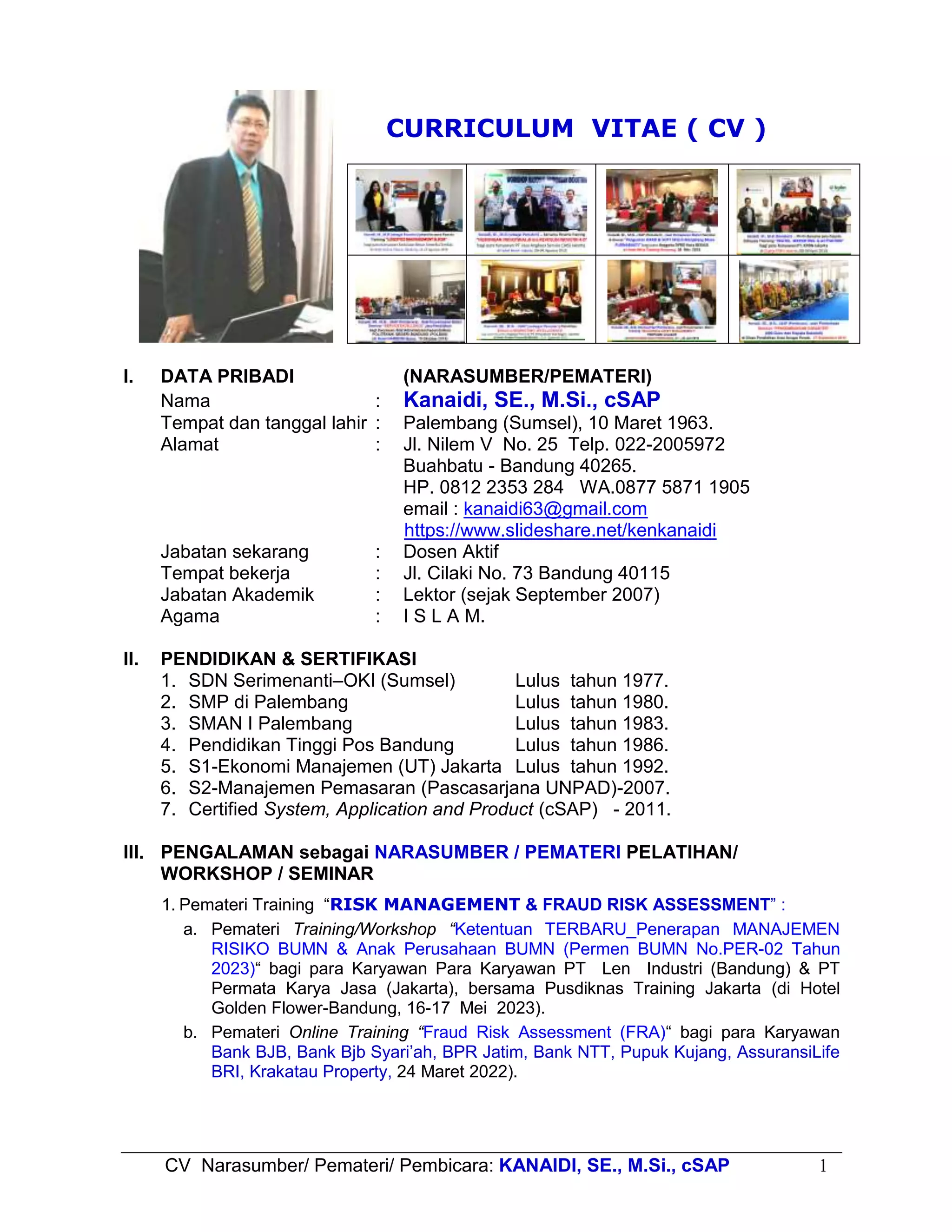 CV a.n. KANAIDI, SE., M.Si., cSAP (Praktisi, Business Consultant ...