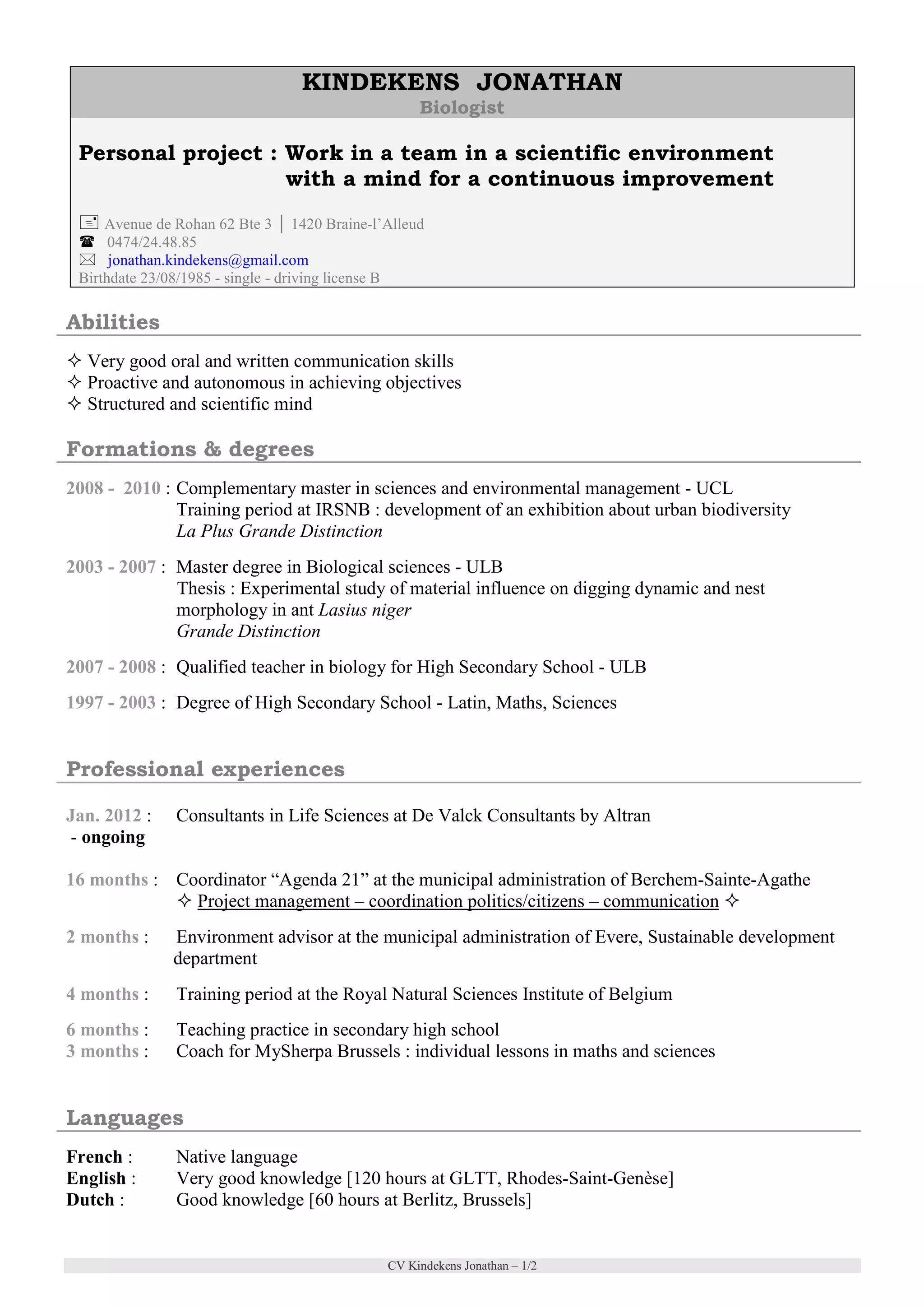 Kindekens Jonathan - CV | PDF