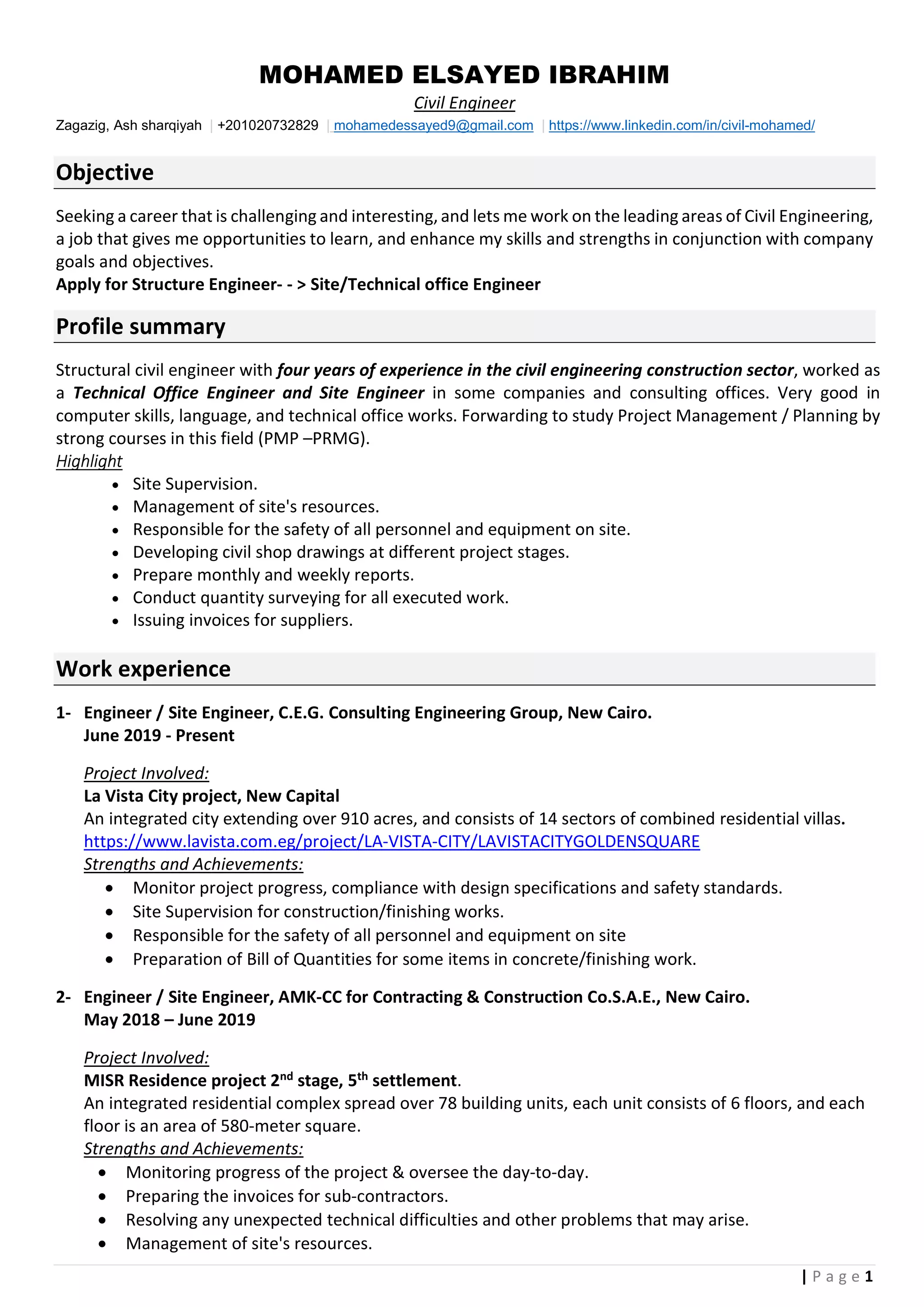 C.V. Civil Engineer Mohamed Elsayed | PDF