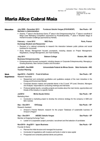 Curriculum Vitae Maria Alice Cabral Maia - English Version | PDF