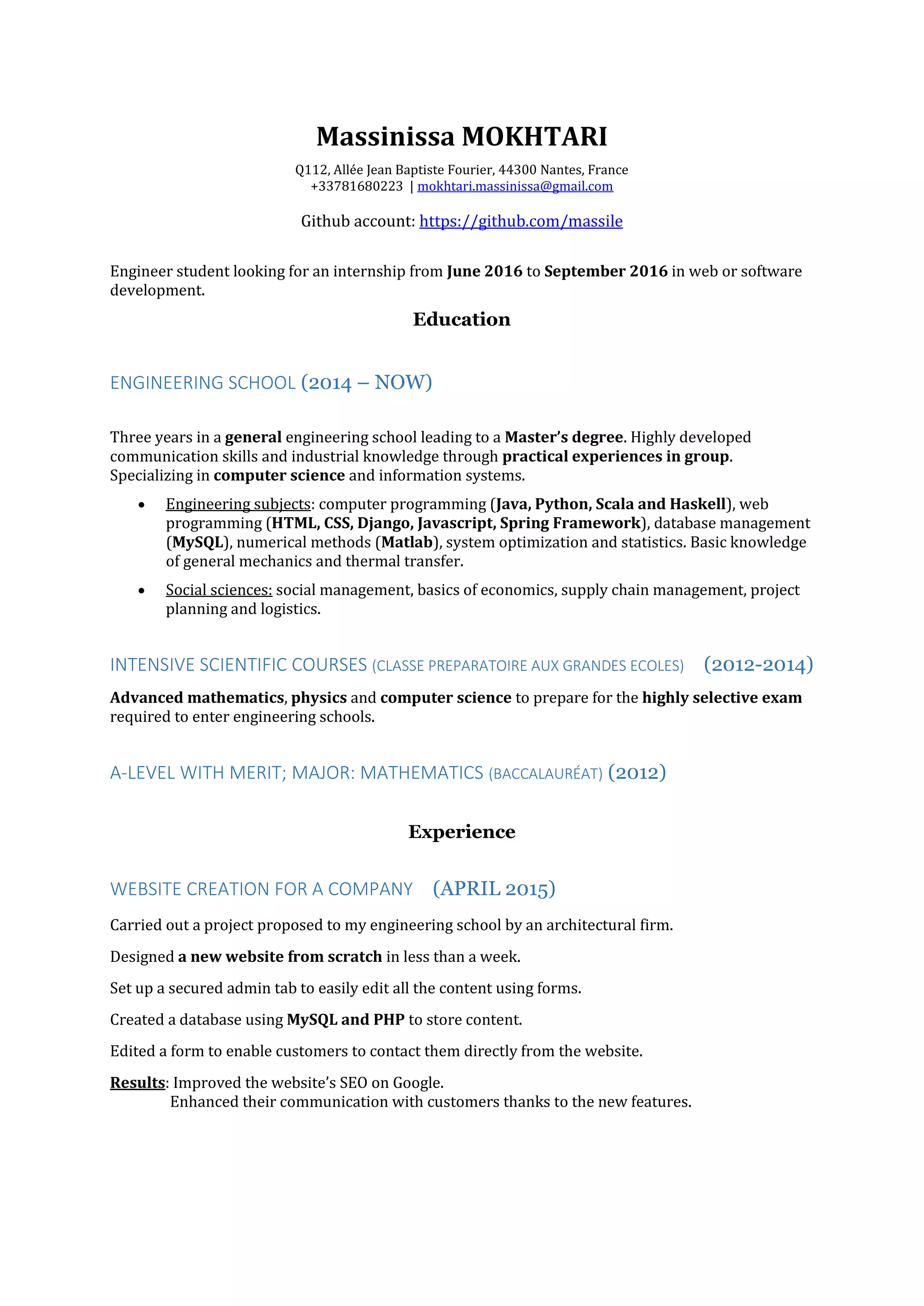 Cv massinissa mokhtari | PDF | Programming Languages | Computing