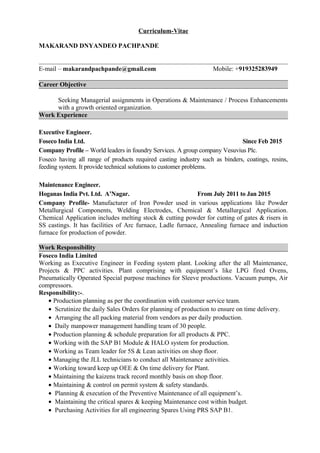 Executive Engineer with 5 Years Exp. in Maintenance & PPC | DOC