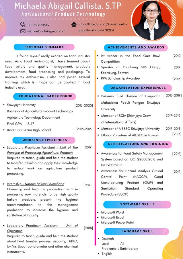 CV Michaela Abigail Callista | PDF | Food Industry | Industries