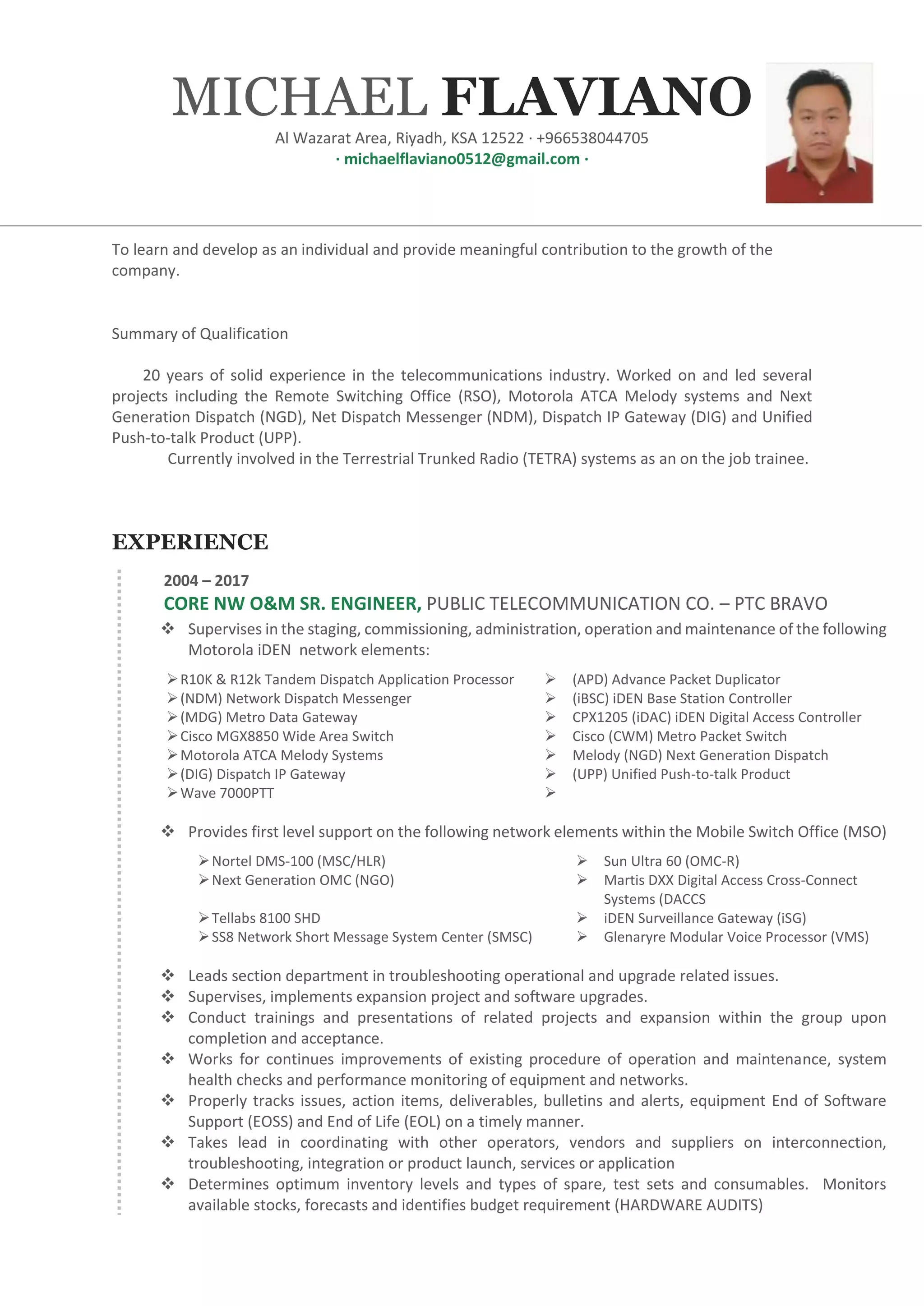 Cv michael flaviano 2017 - Telecommunication Engineer | PDF