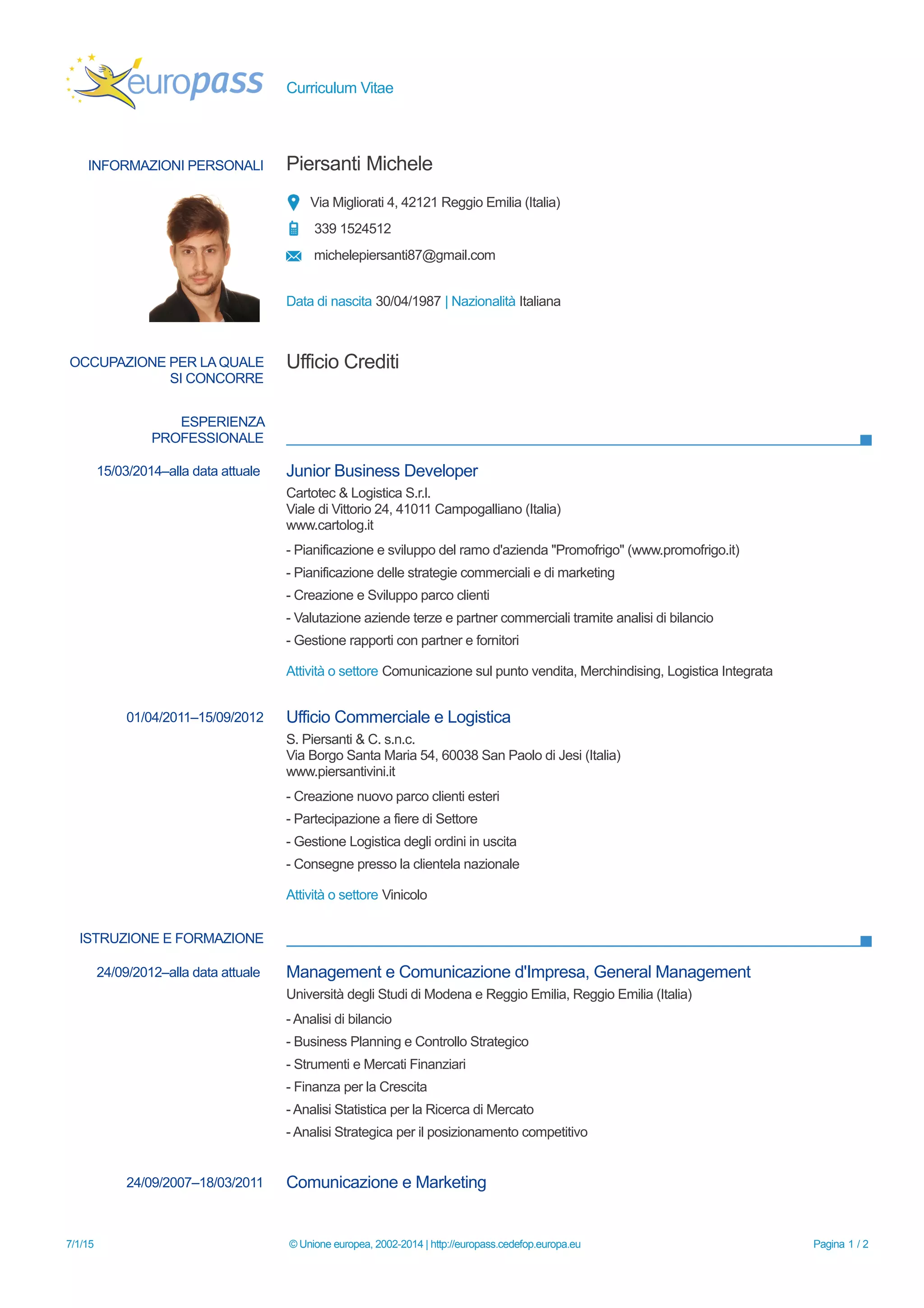 Cv michele piersanti_europass | PDF