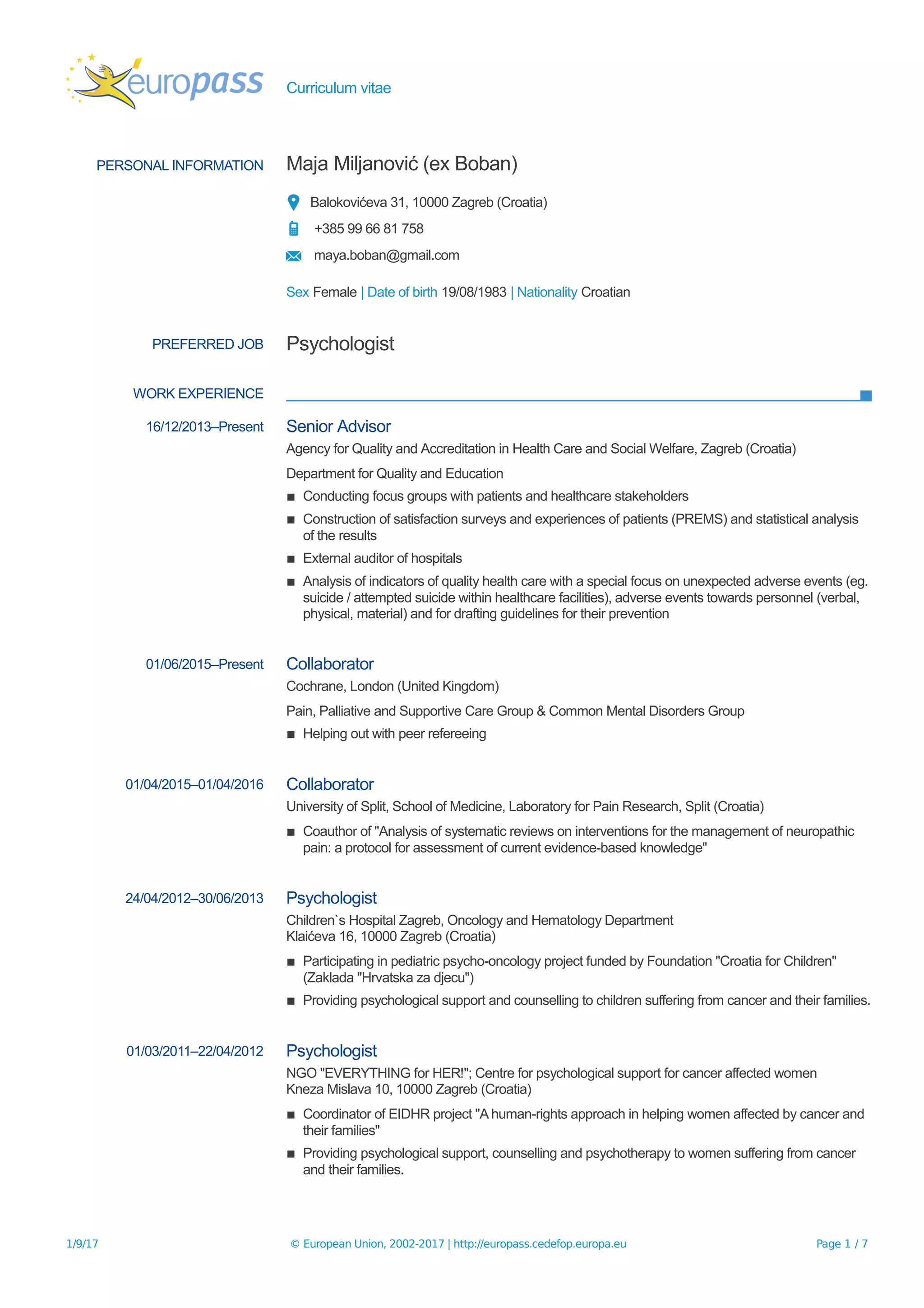 CV Maja Miljanović (ex Boban) | PDF