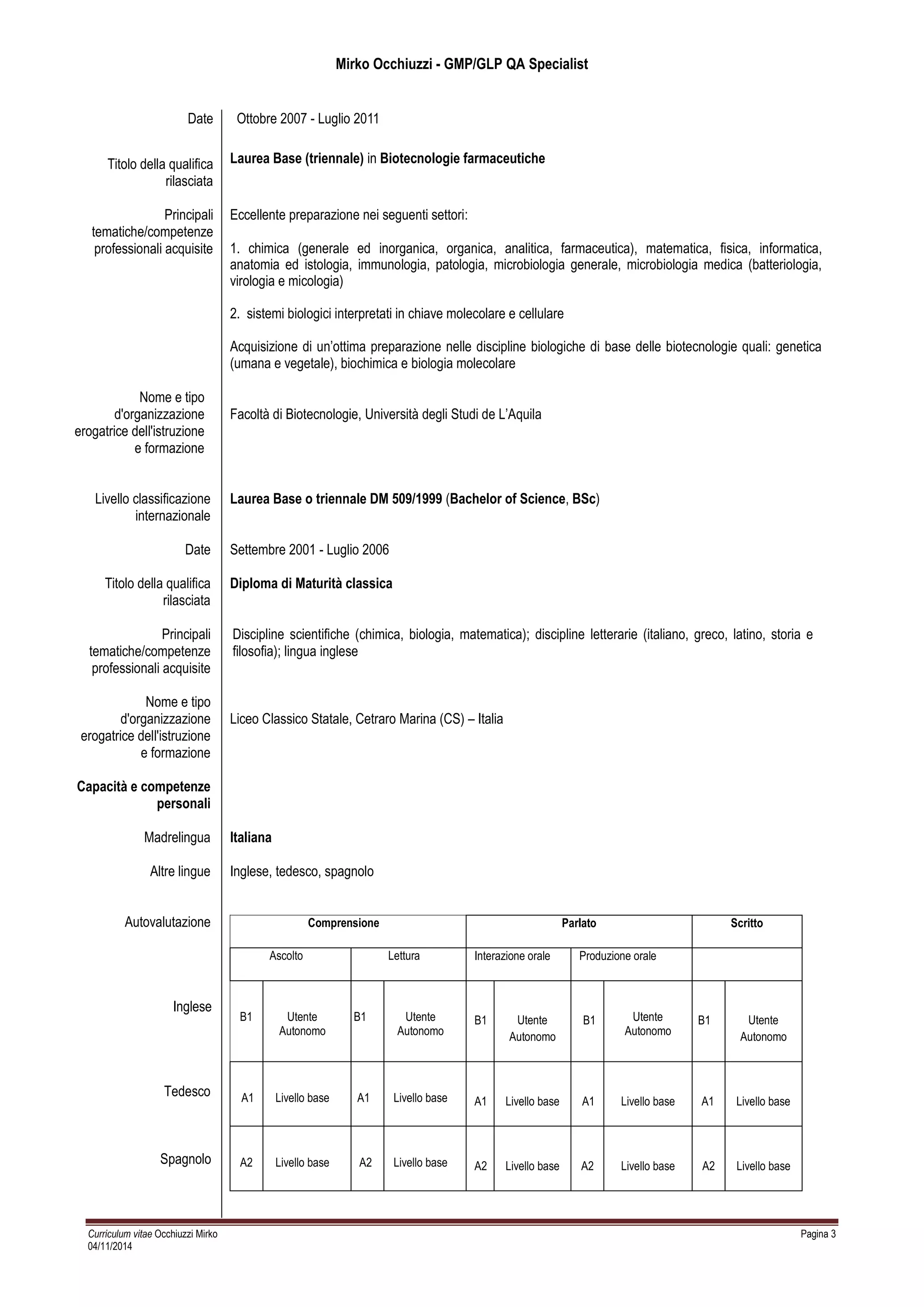 Cv mirko occhiuzzi Quality Specialist_04.11.2014