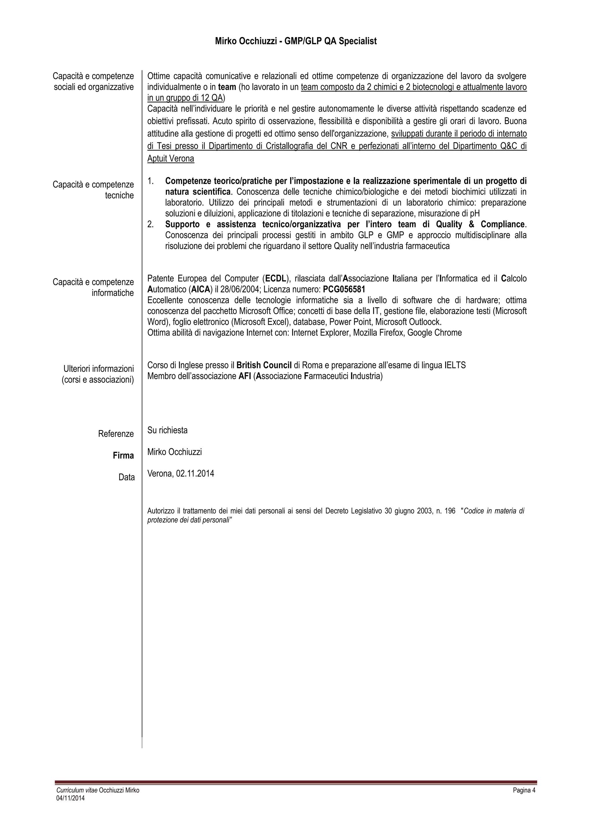 Cv mirko occhiuzzi Quality Specialist_04.11.2014