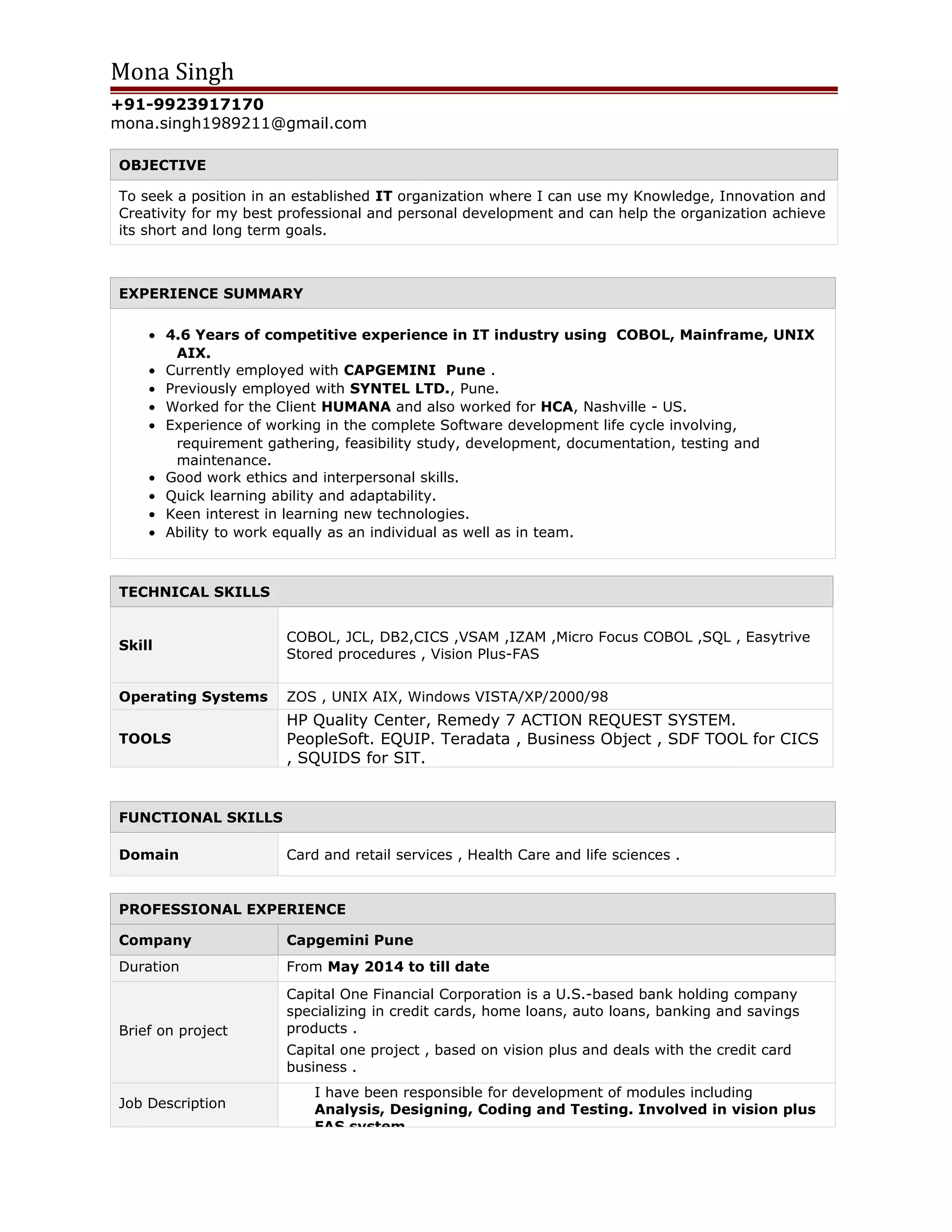 Cv mona singh_mainframe_4+_years | PDF