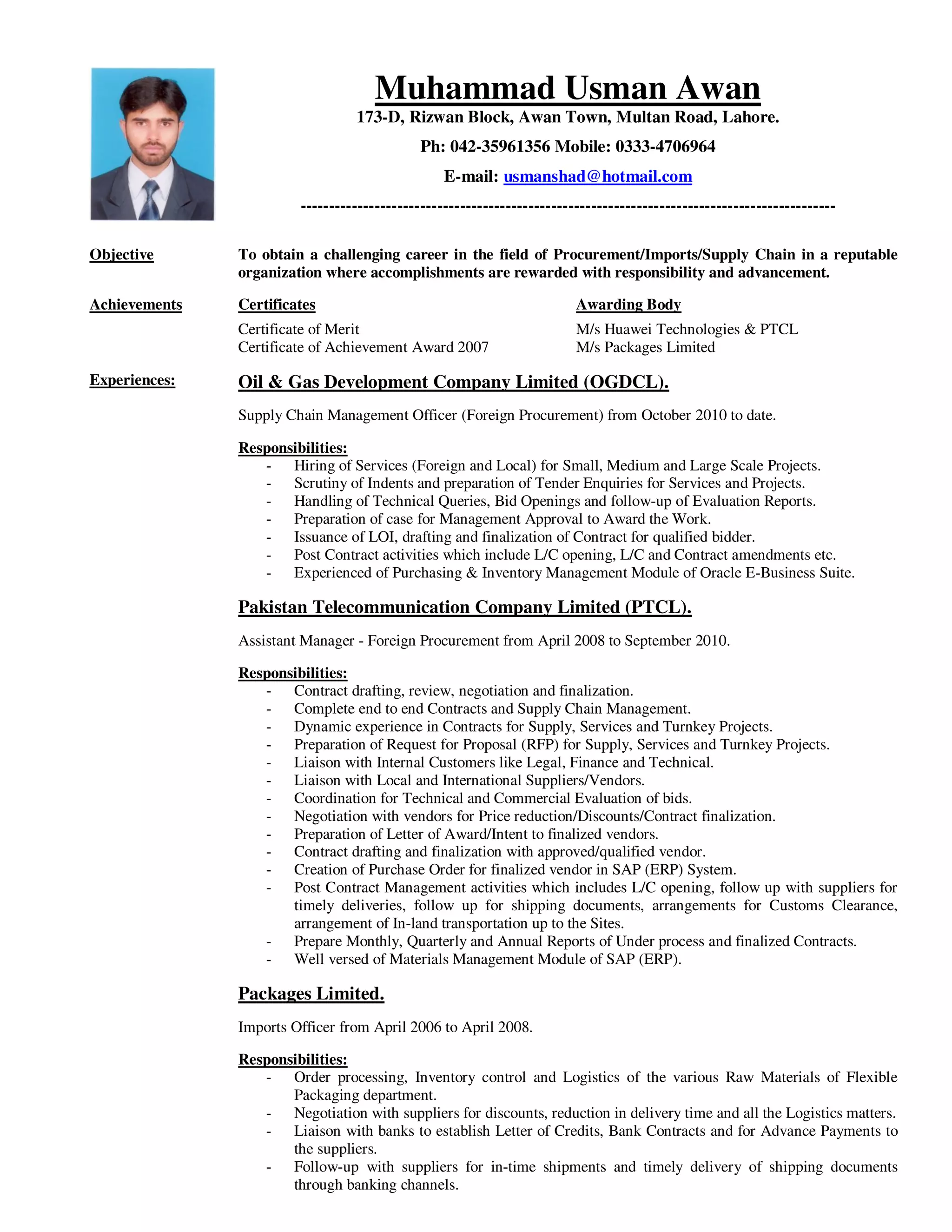 CV Muhammad Usman Awan | PDF