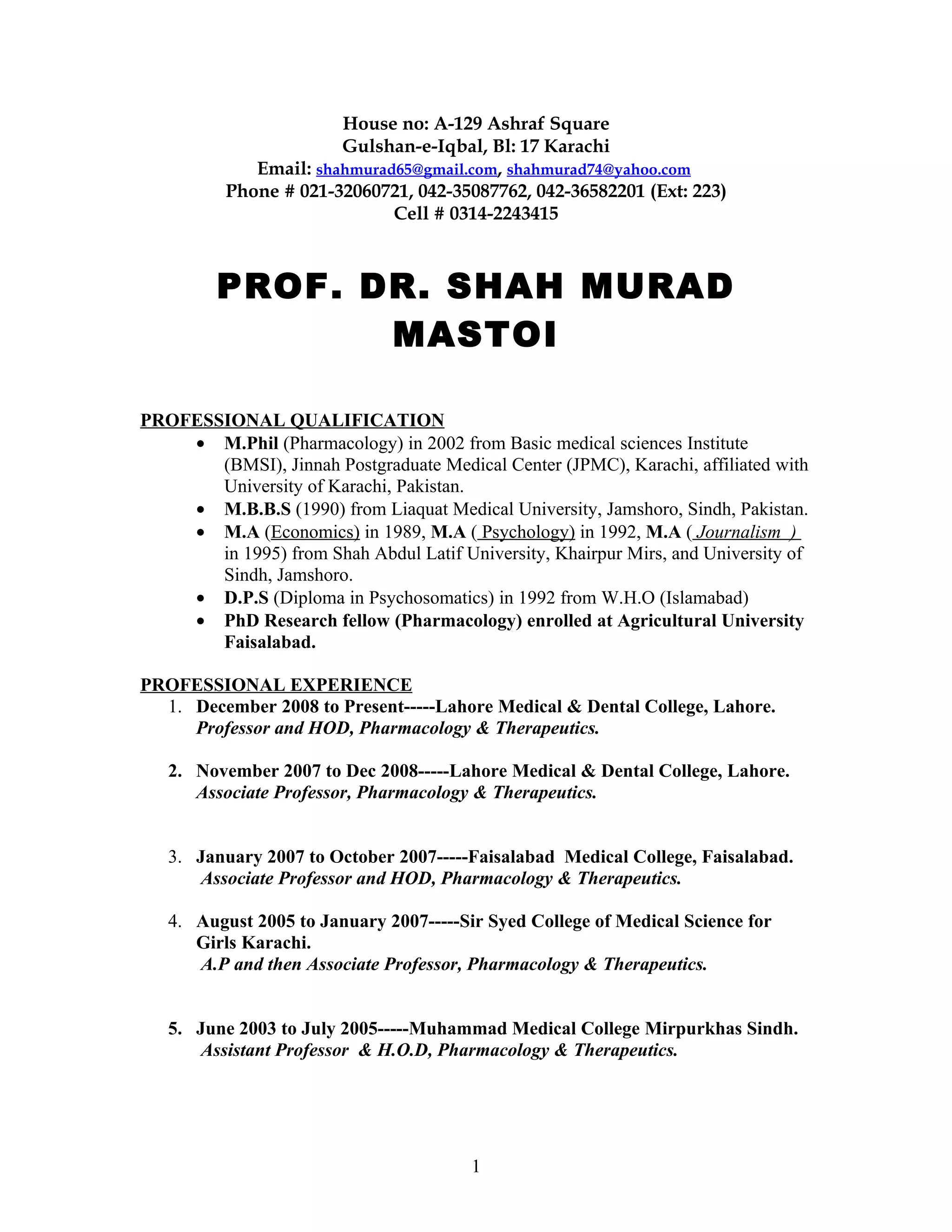 RESUME OF PROF. DR. SHAH MURAD | DOC