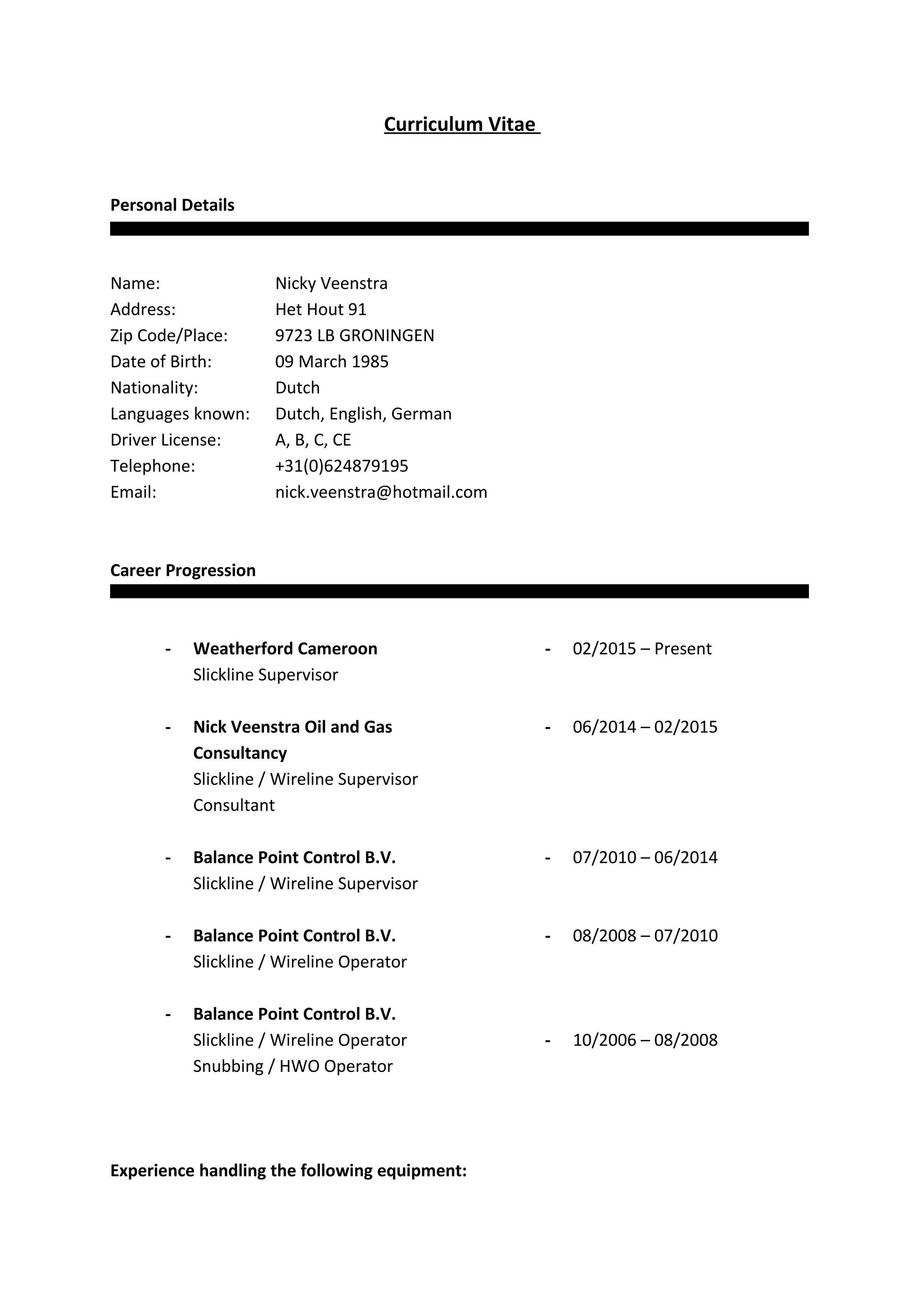 CV Nicky Veenstra - supervisor 2018 | DOC | Technology & Computing
