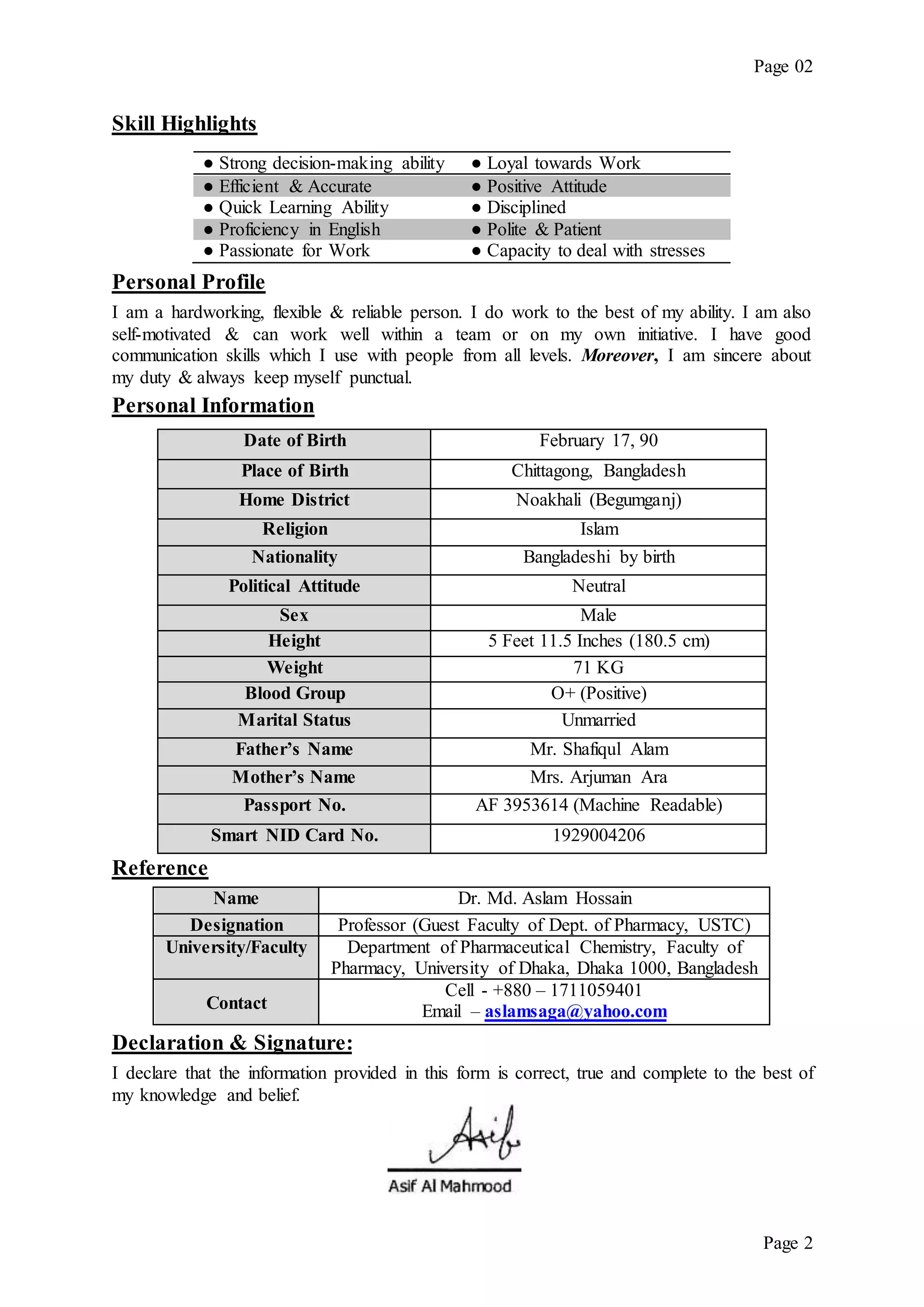 Cv of asif al mahmood | DOC | Secondary Education | Education