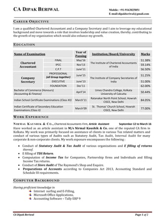 CV of CA Dipak Beriwal | PDF | Business Accounting & Finance | Business