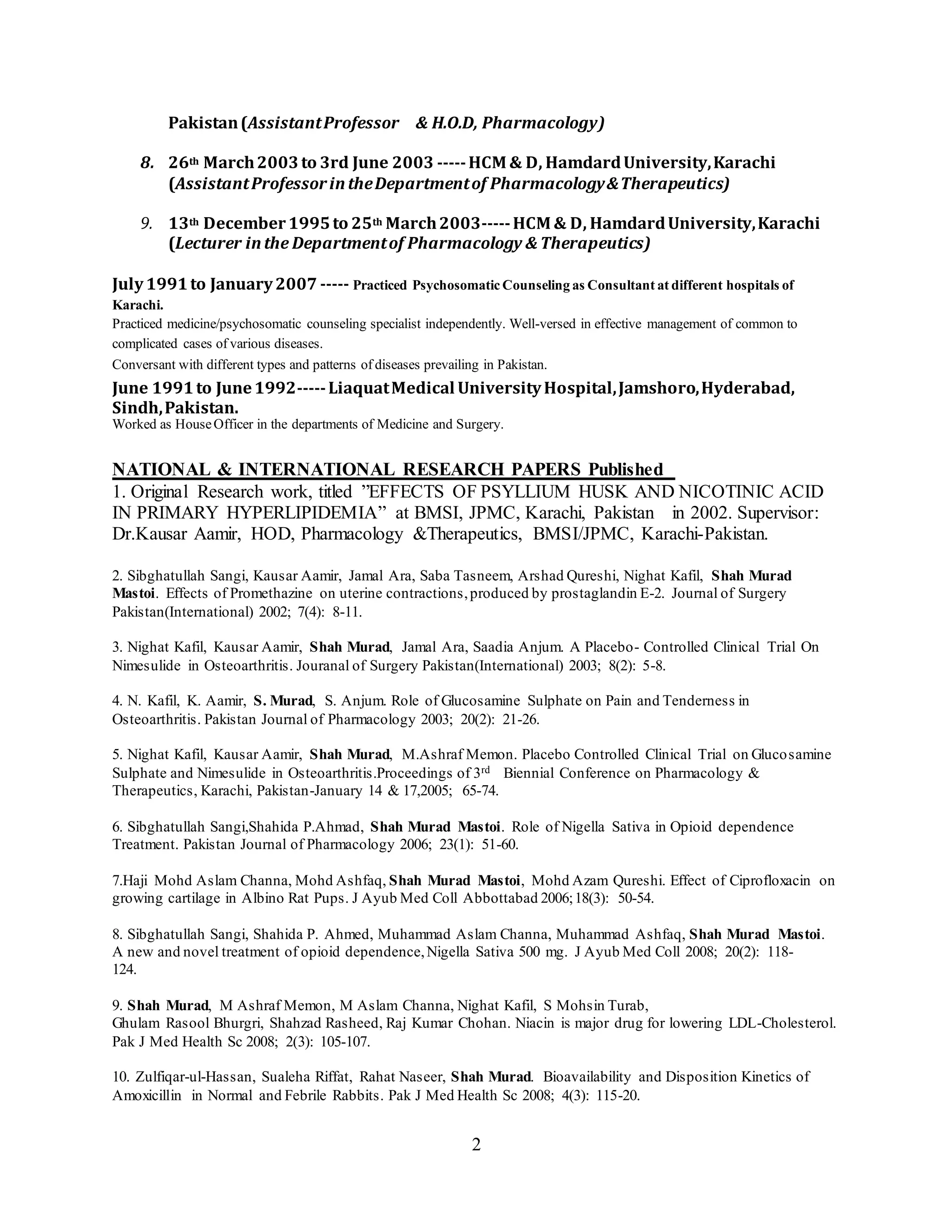 Cv of Dr. Shah Murad, Prof/HOD Pharmacology at IMDC Isd Pakistan | DOCX